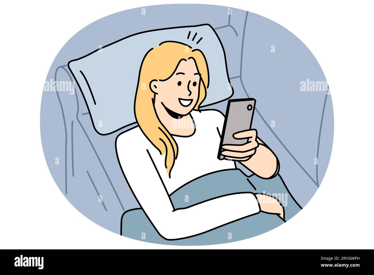 Happy girl lying on couch using cellphone texting or messaging. Smiling ...