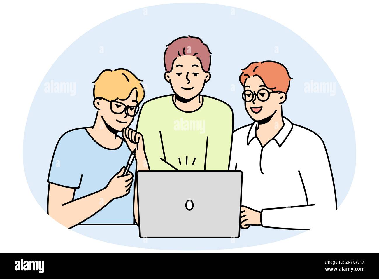 Smiling male colleagues look at computer screen brainstorming together ...