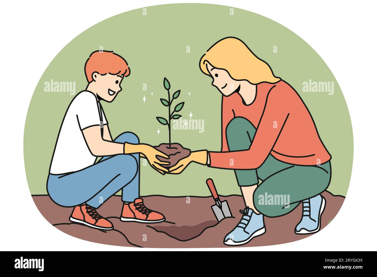Caring young mother and son planting tree together. Smiling mom and ...