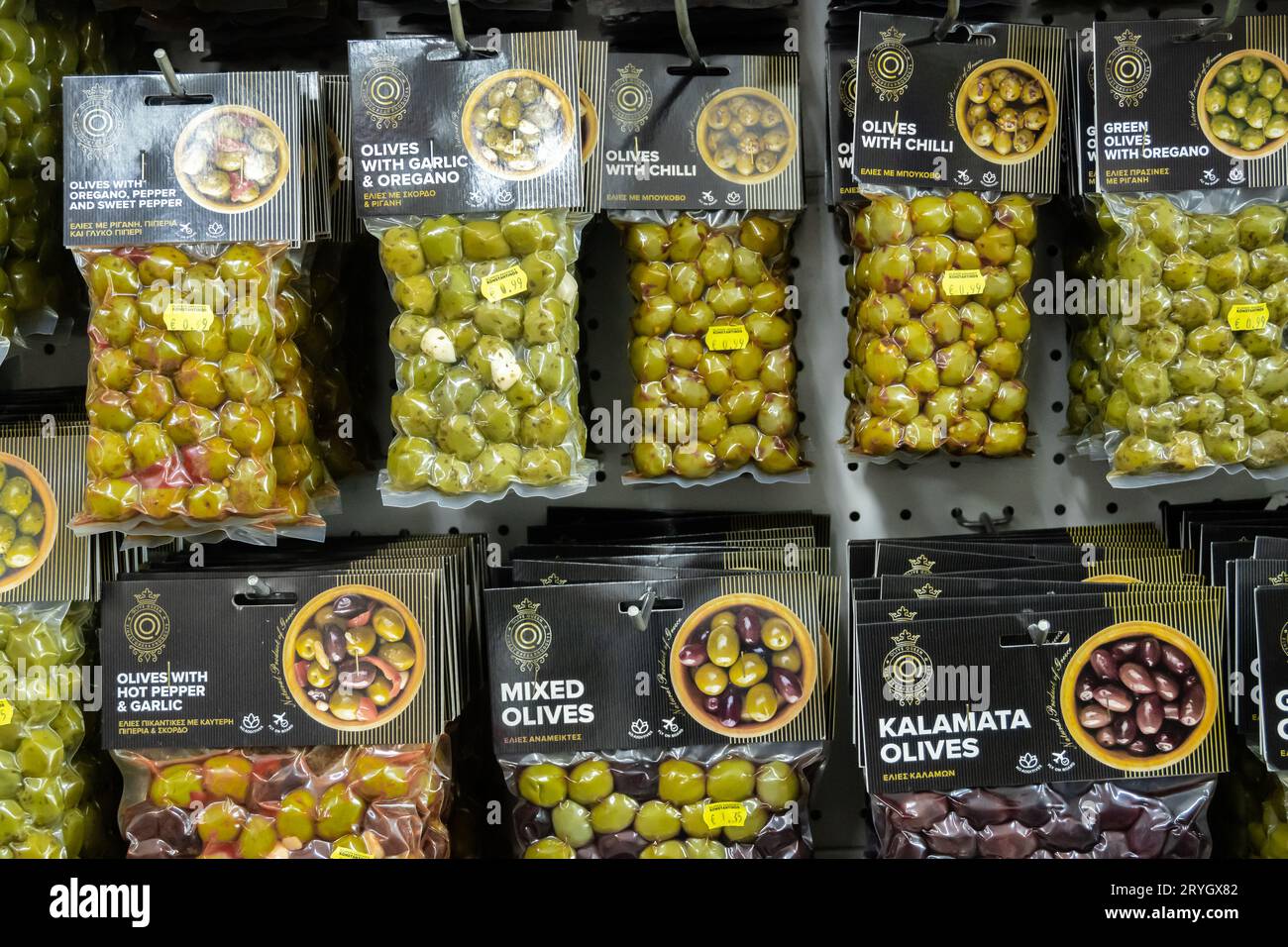 Kos, Greece - May 8, 2023: Traditional Greek olives at the market store ...
