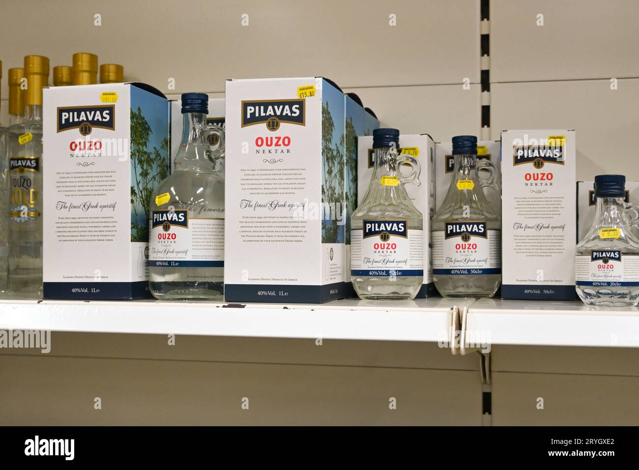 Kos, Greece - May 8, 2023: Greek Ouzo bottles at the market store. Ouzo ...