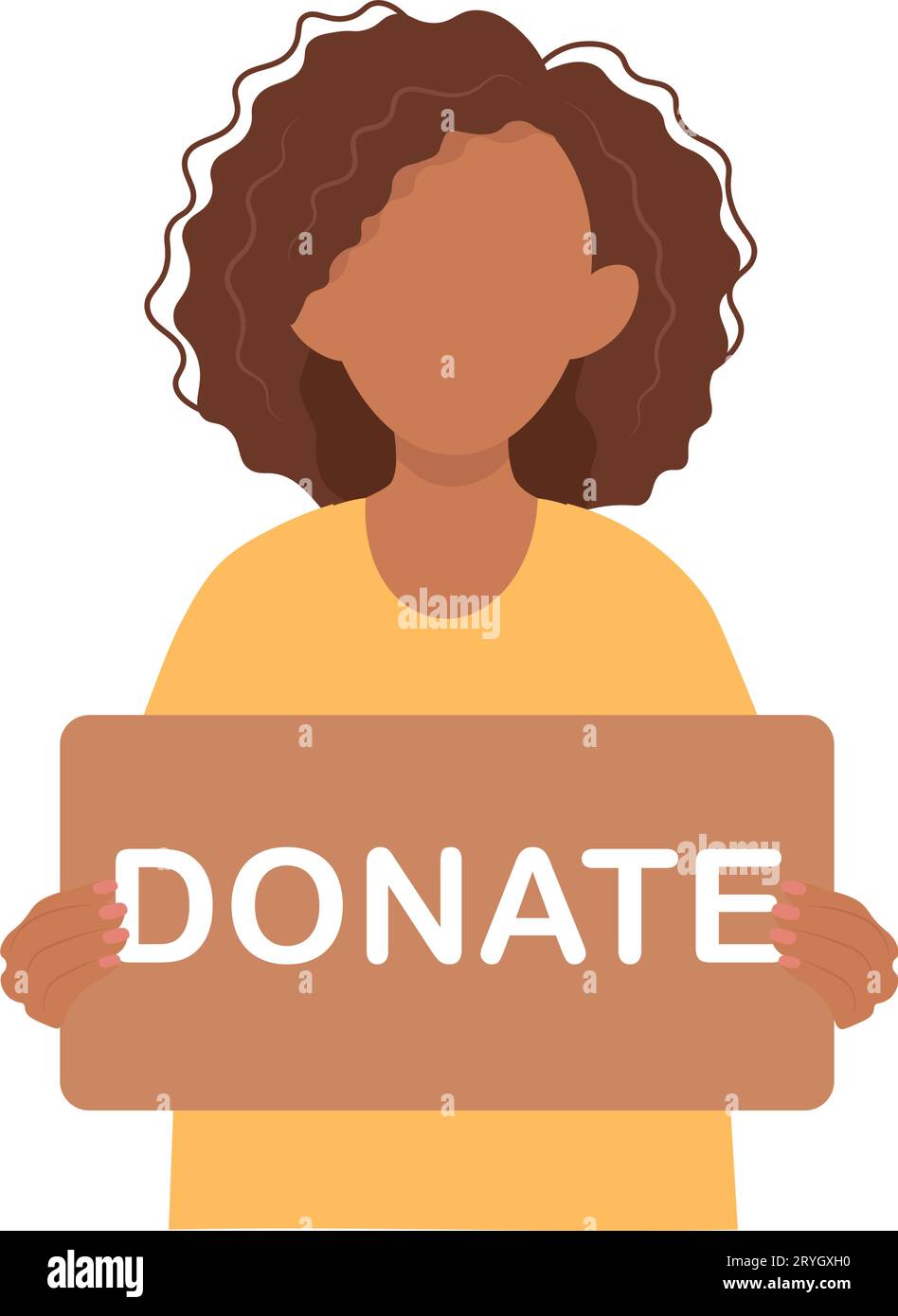 Donation and charity concept. African volunteer woman holding in hands cardboard sign Donate ...