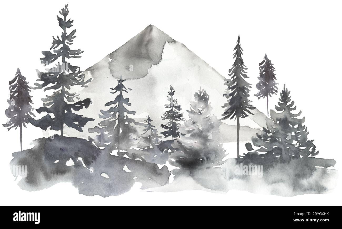 Watercolor hand painted forest trees and mountains illustration ...