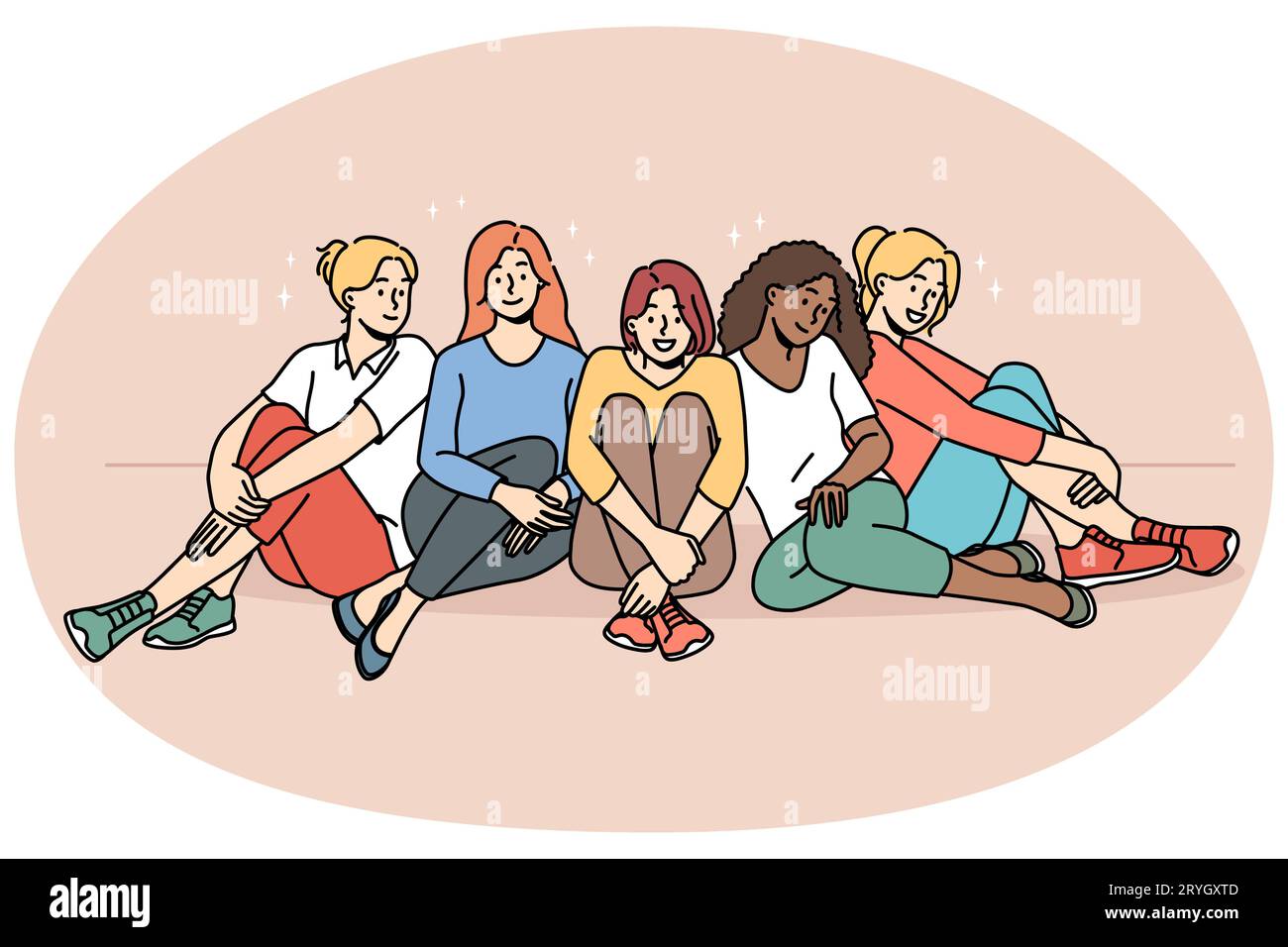 Smiling multiracial diverse women sit together show unity and support ...