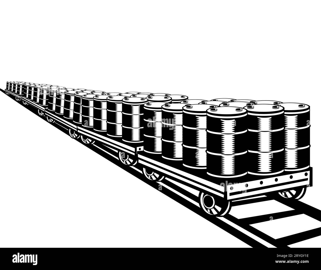 Barrels of Oil on Railcar Railroad Track Isolated Retro Woodcut Style ...