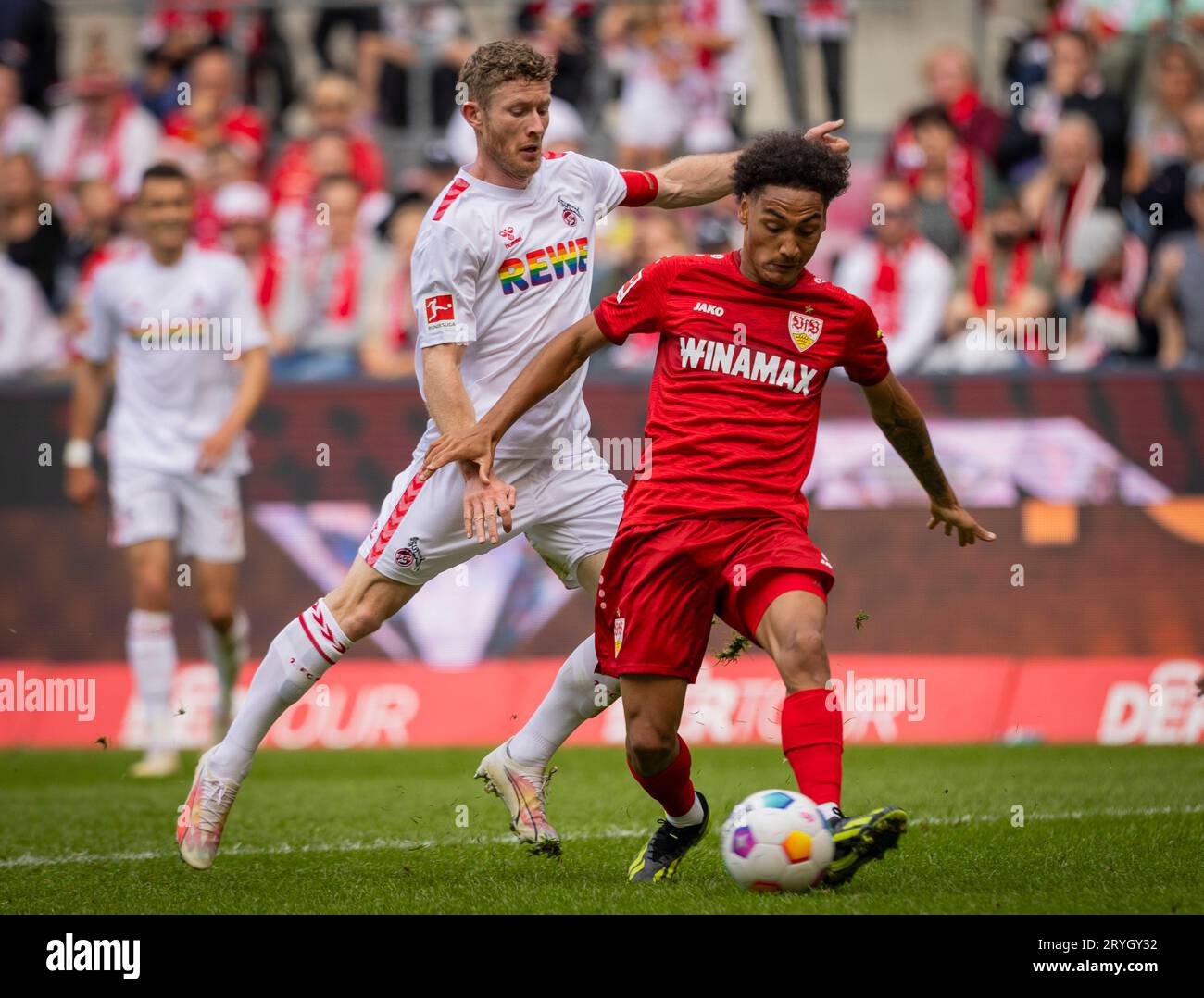 Cologne, Germany. 30th Sep 2023. Enzo Millot (VfB), Florian Kainz (Köln) 1. FC Köln - VfB ...