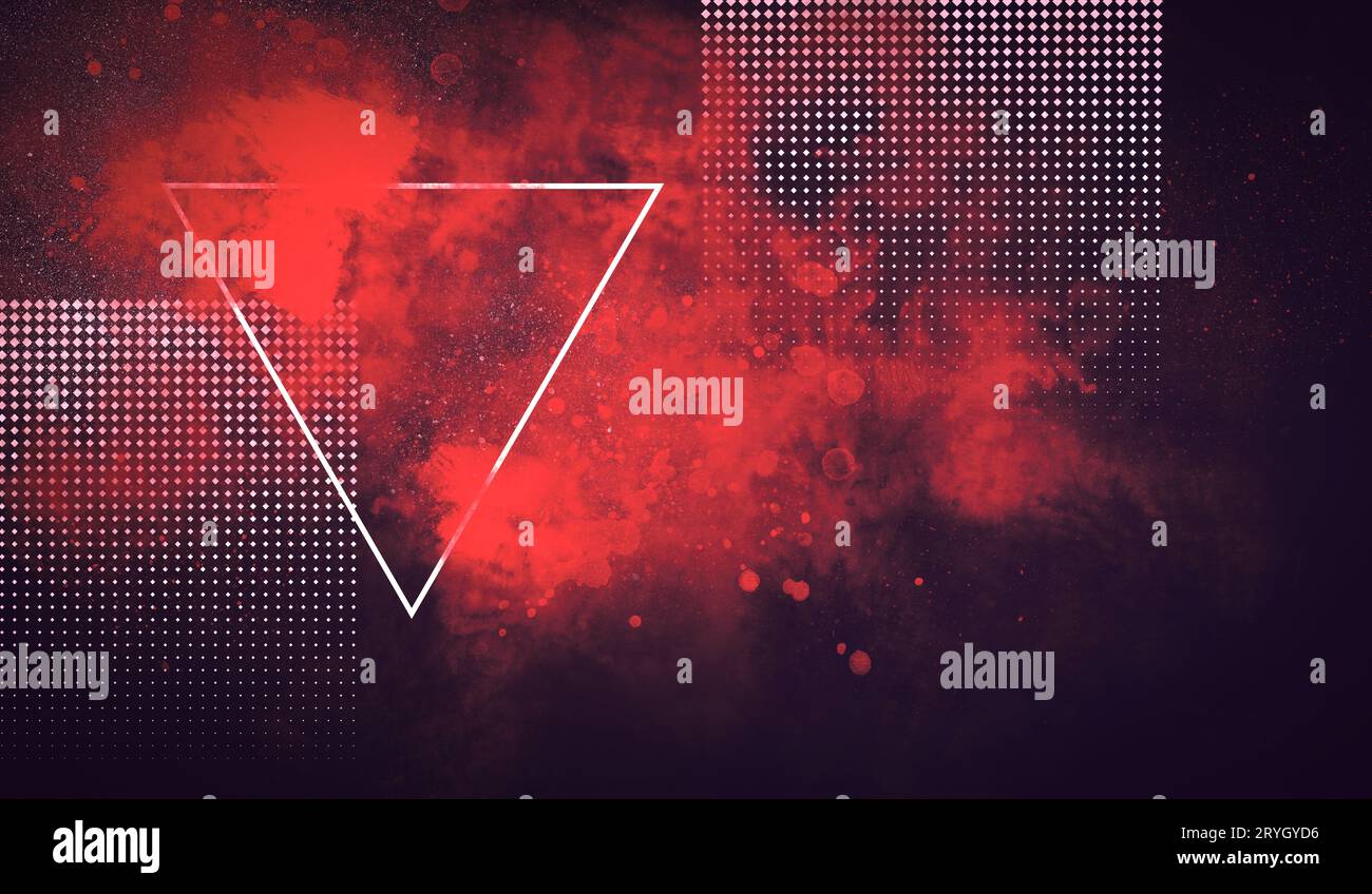 Red smoke, color paint splash, white triangle on dark background ...