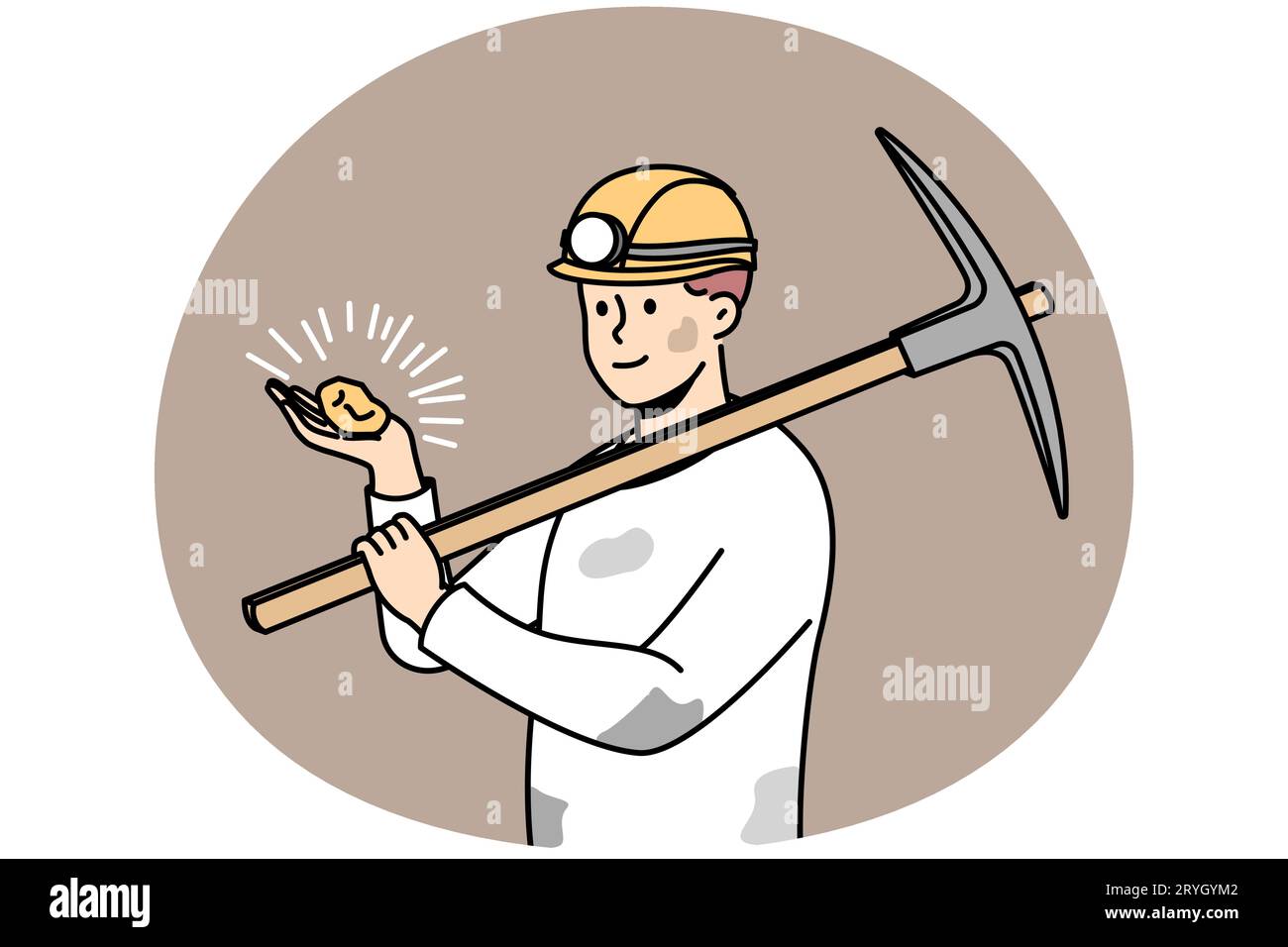 Dirty male miner in helmet holding jewel in hands. Man working in mine ...