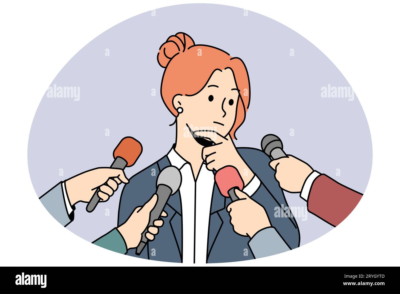 Pensive female politician thinking talking with reporters or journalists. Woman speaker have ...