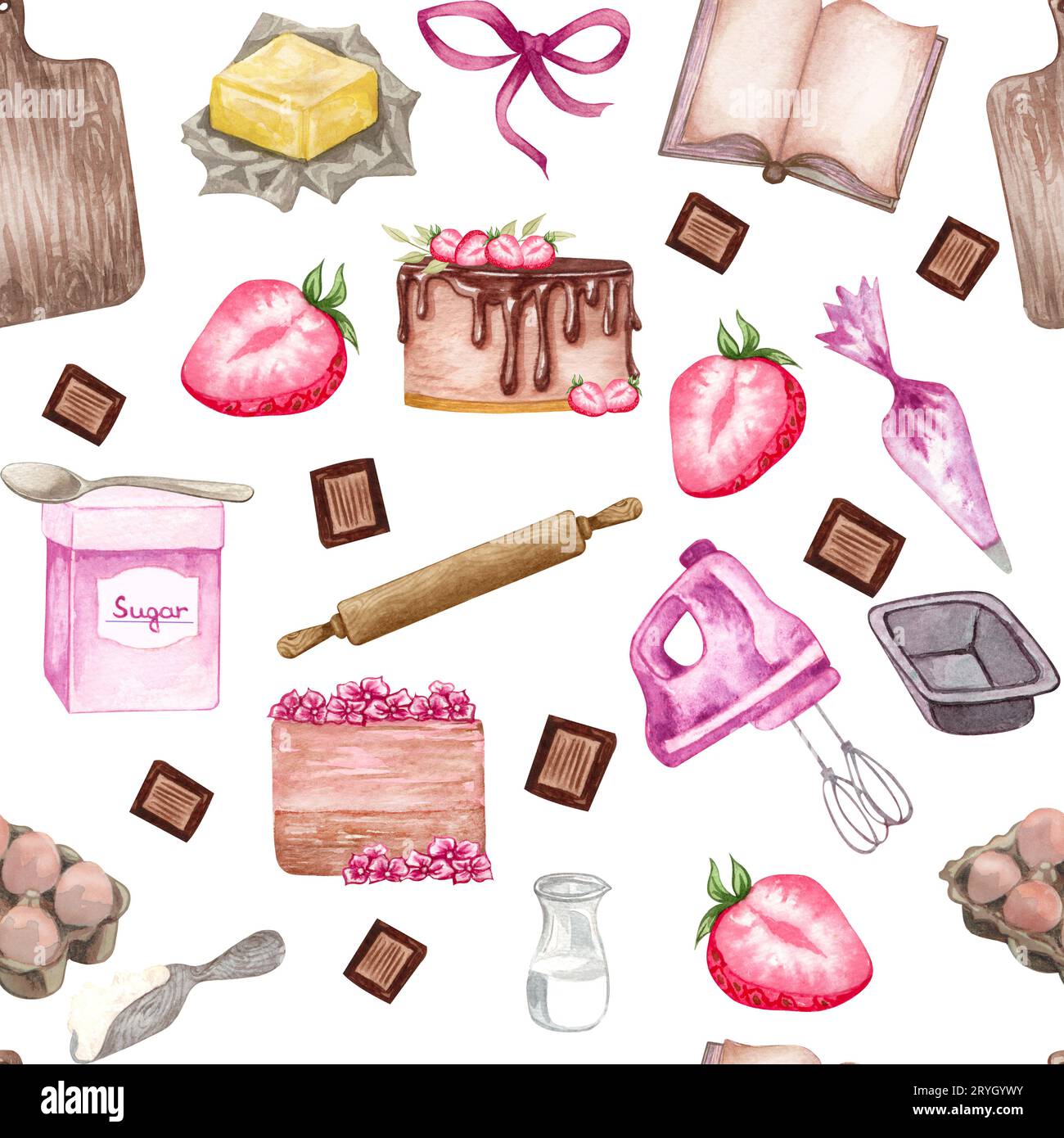 Seamless pattern with cute hand drawn dessert, tea and baking theme ...