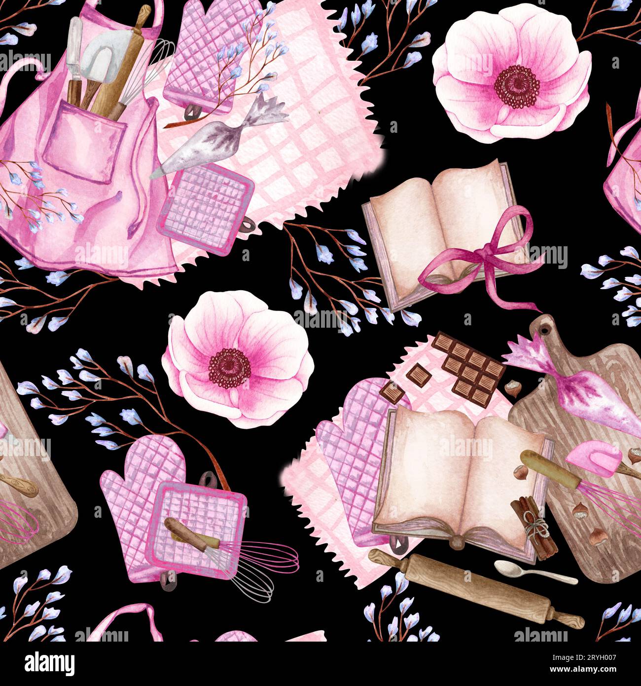 Seamless pattern with cute hand drawn dessert, tea and baking theme ...