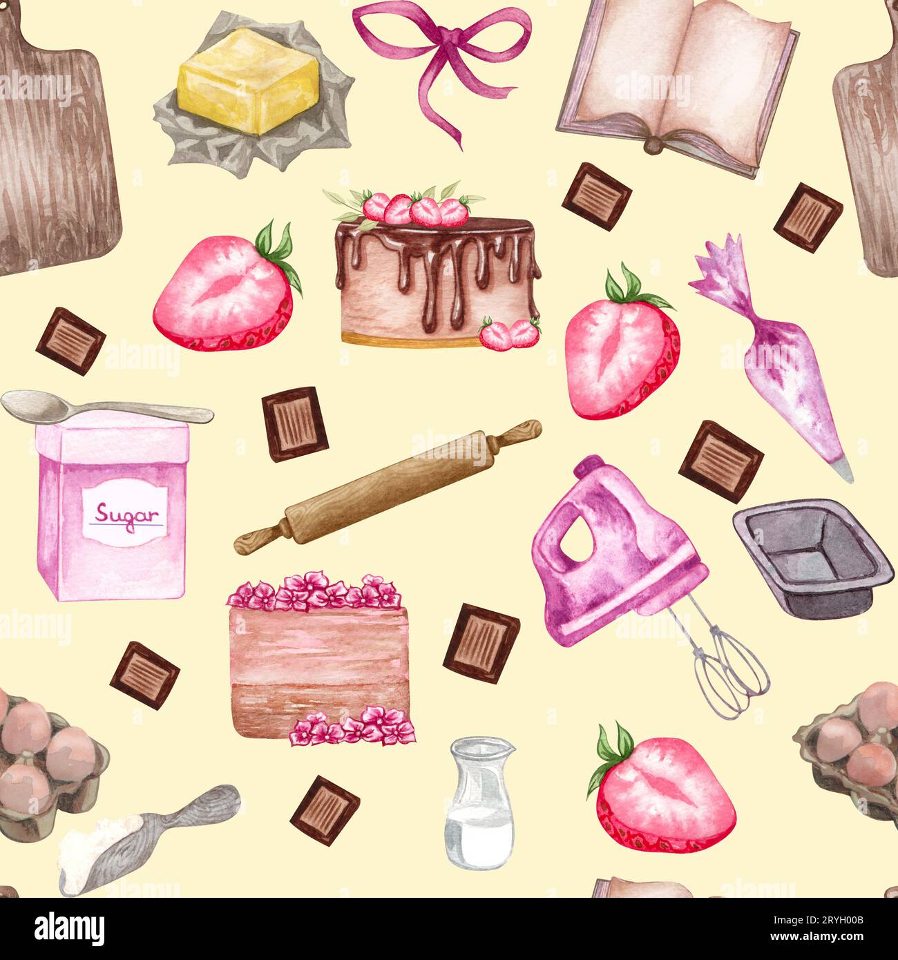Seamless pattern with cute hand drawn dessert, tea and baking theme ...