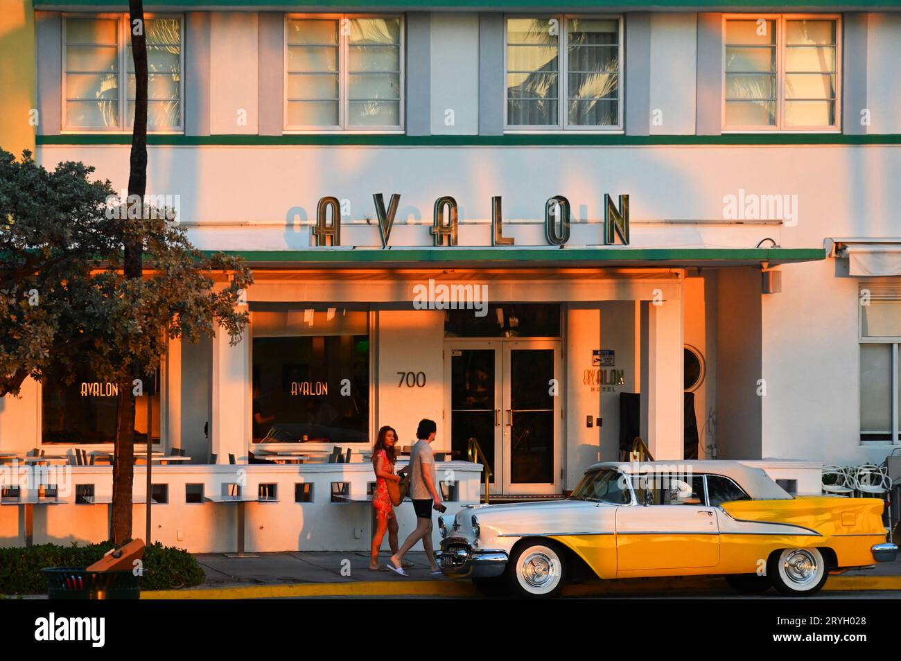 USA. FLORIDA. MIAMI. VINTAGE OLDSMODILE CAR PARKED IN FRONT OF THE ...
