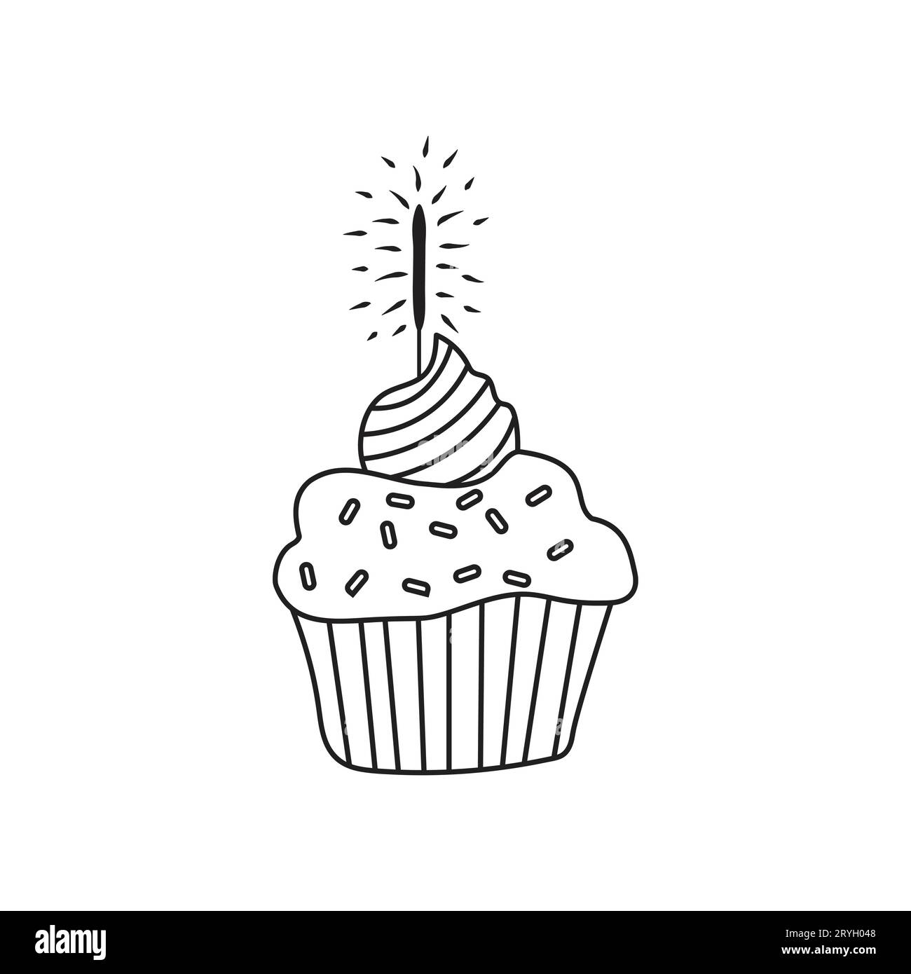 Festive cupcake with sparkler isolated on white background. Vector hand ...