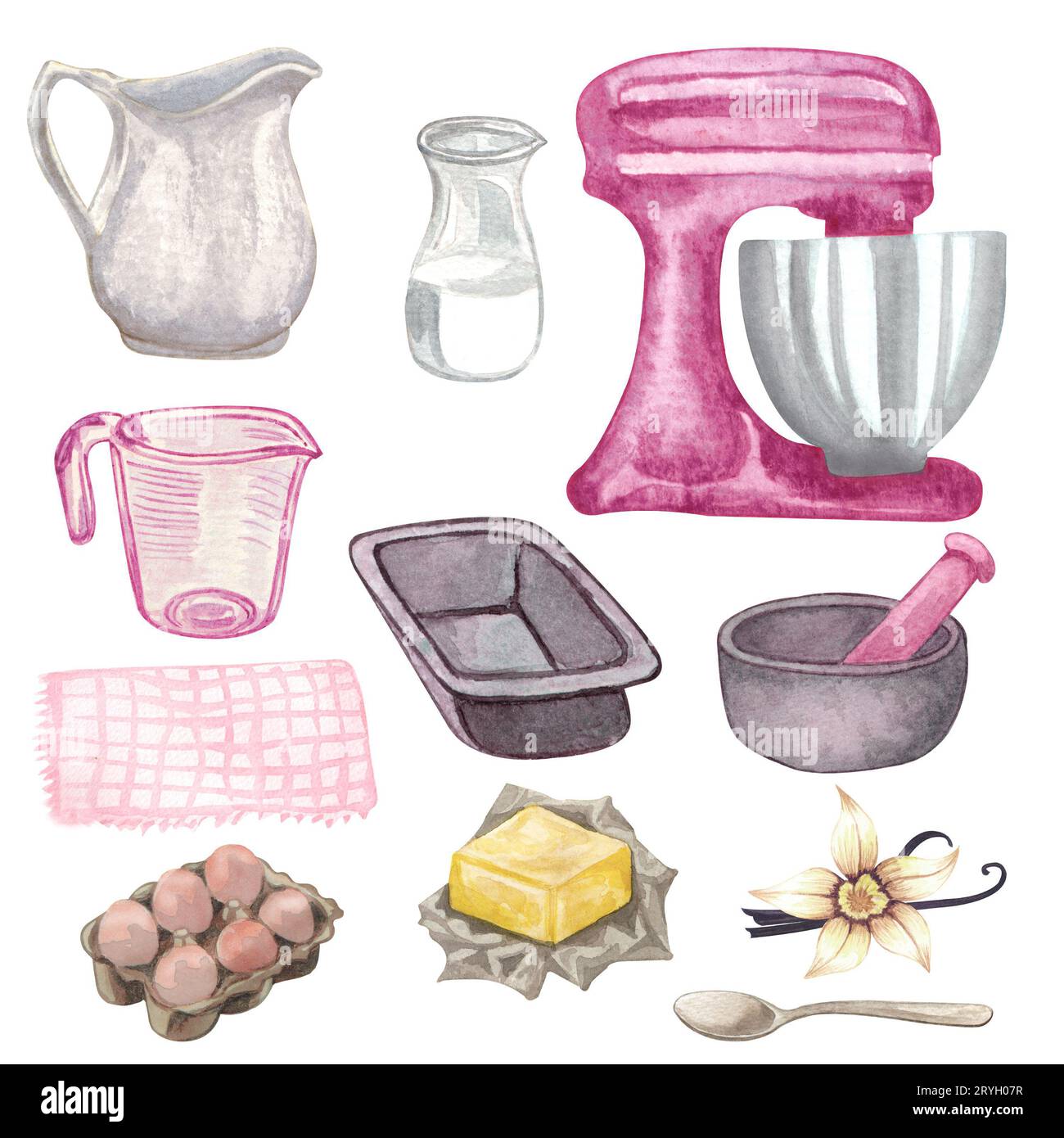 Baking watercolor set with kitchen utensils, mixer, chocolate ...