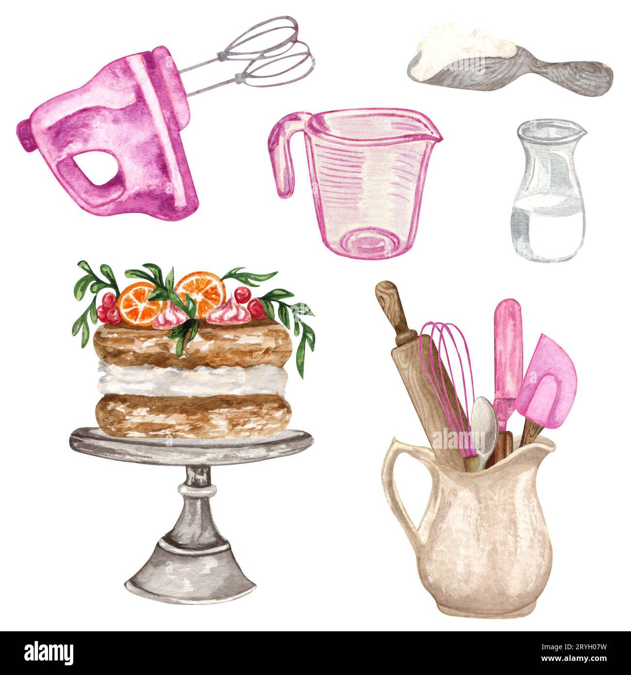 Baking watercolor set with kitchen utensils, mixer, chocolate ...