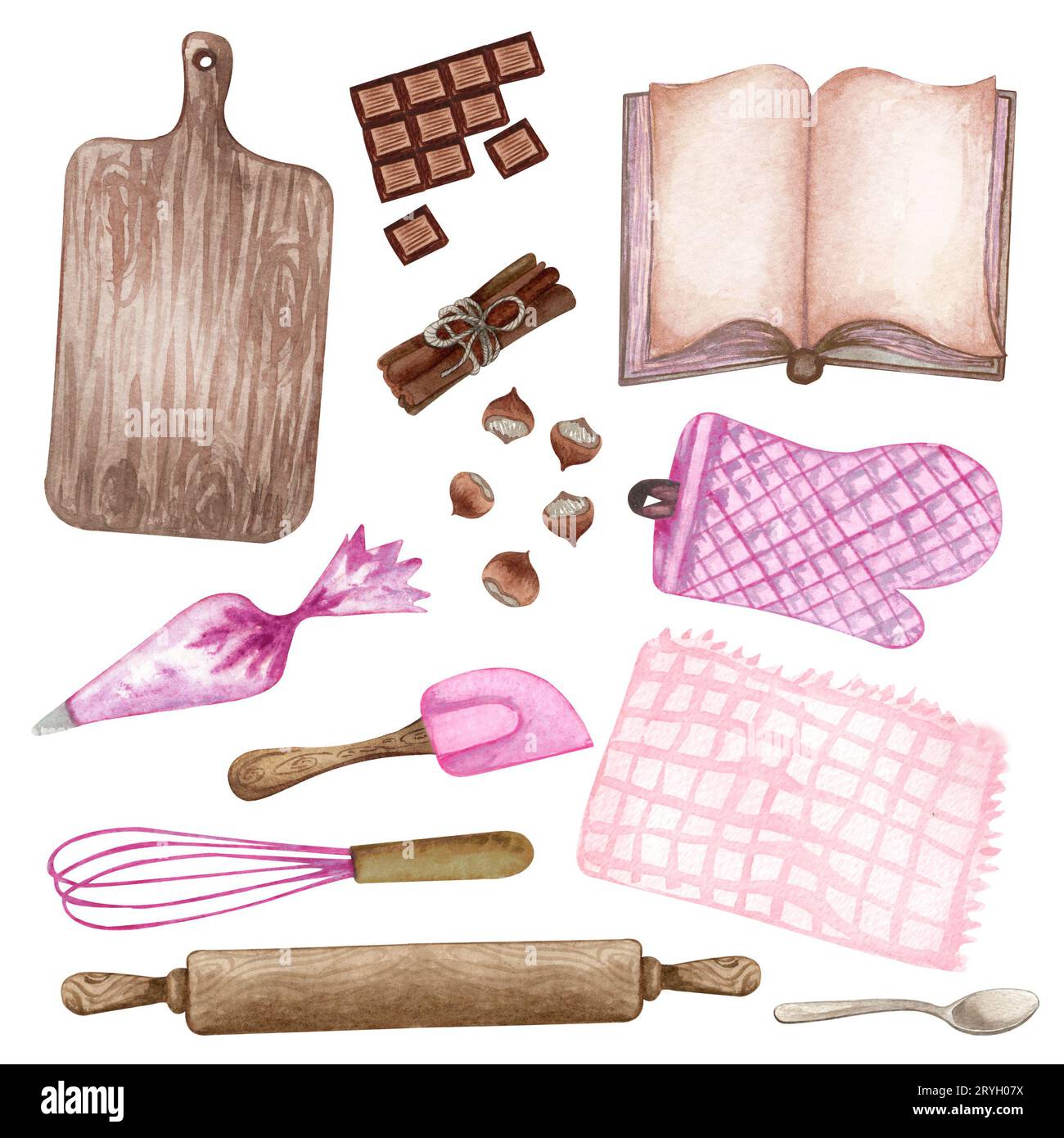Baking watercolor set with kitchen utensils, mixer, chocolate ...