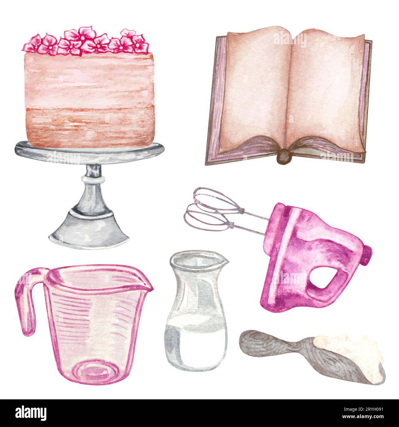 Baking watercolor set with kitchen utensils, mixer, chocolate ...