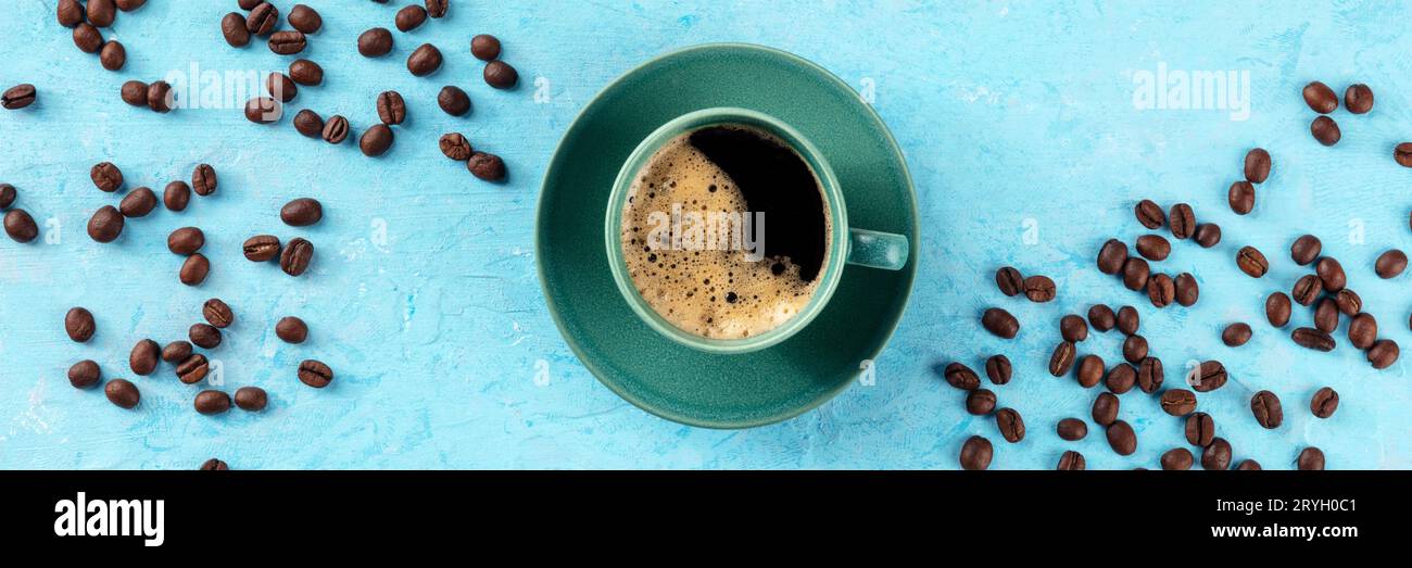 Coffee cup and coffee beans panorama, overhead flat lay shot Stock ...