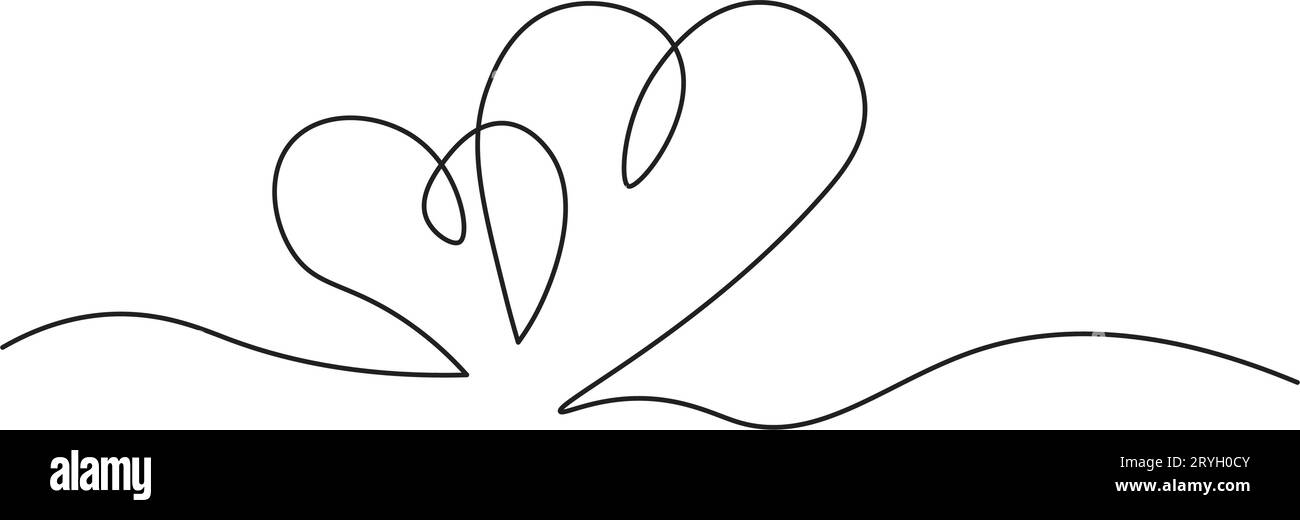 One Continuous line drawing of two hearts. Romantic symbols in simple ...