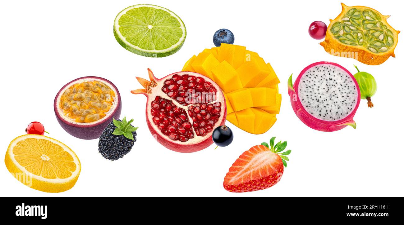 Falling exotic fruit slices isolated on white background with clipping path Stock Photo - Alamy