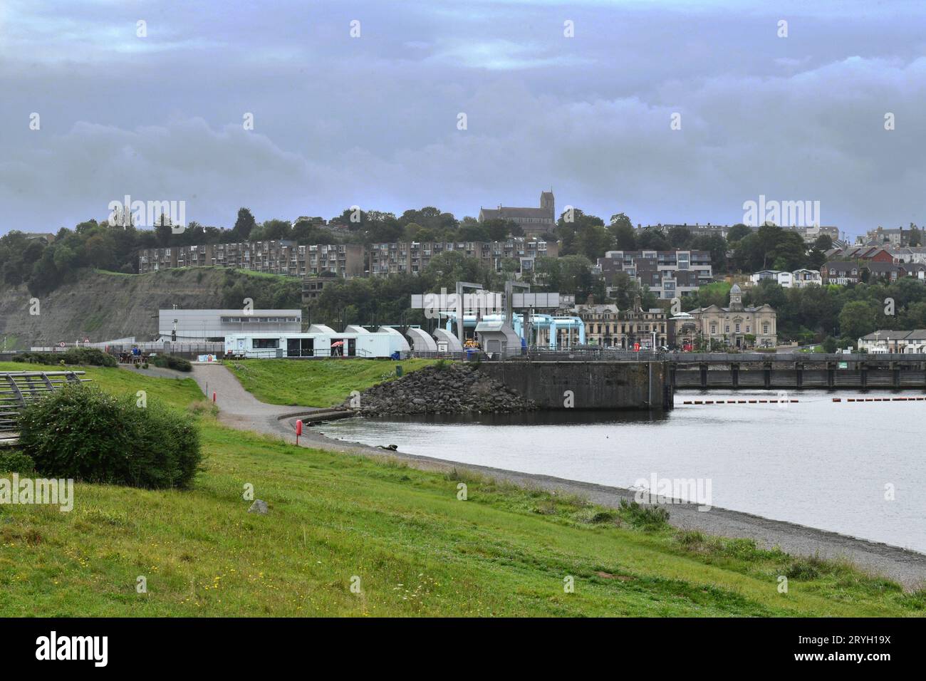 Cardiff Bay Barrage with the three bascule bridges and Penarth Town in ...