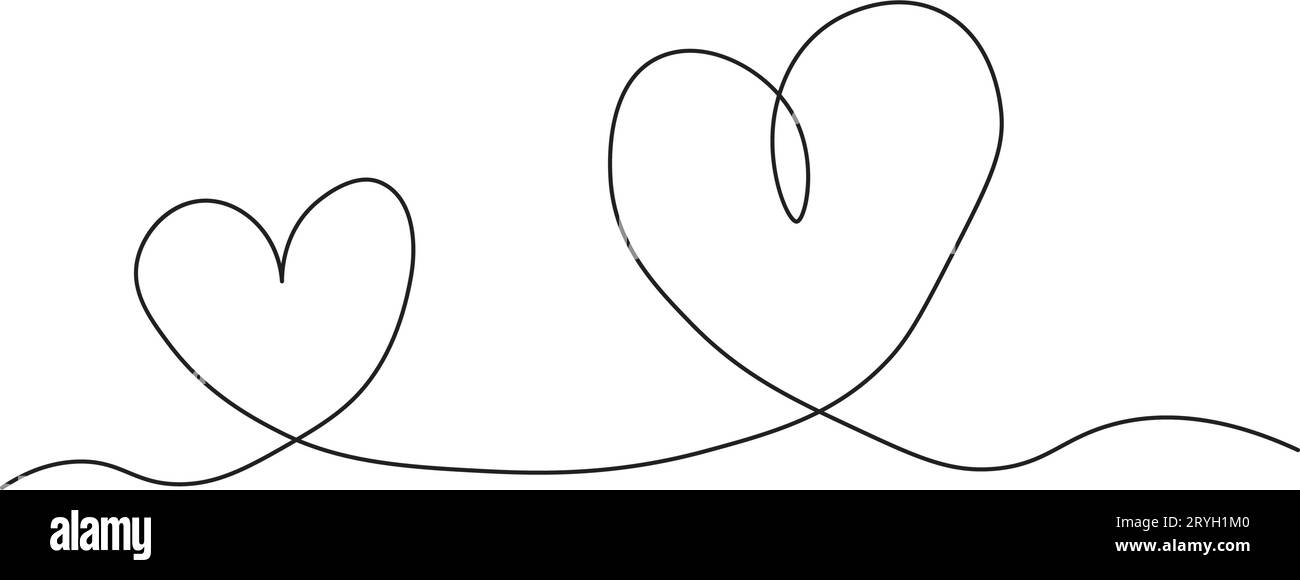 One Continuous line drawing of two hearts. Romantic symbols in simple ...