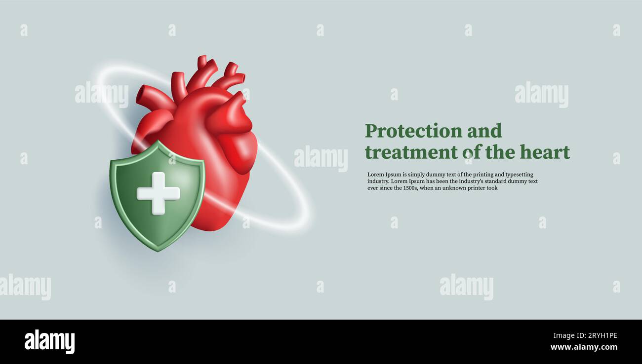 Realistic heart illustration with shield icon and protective circle, 3d ...