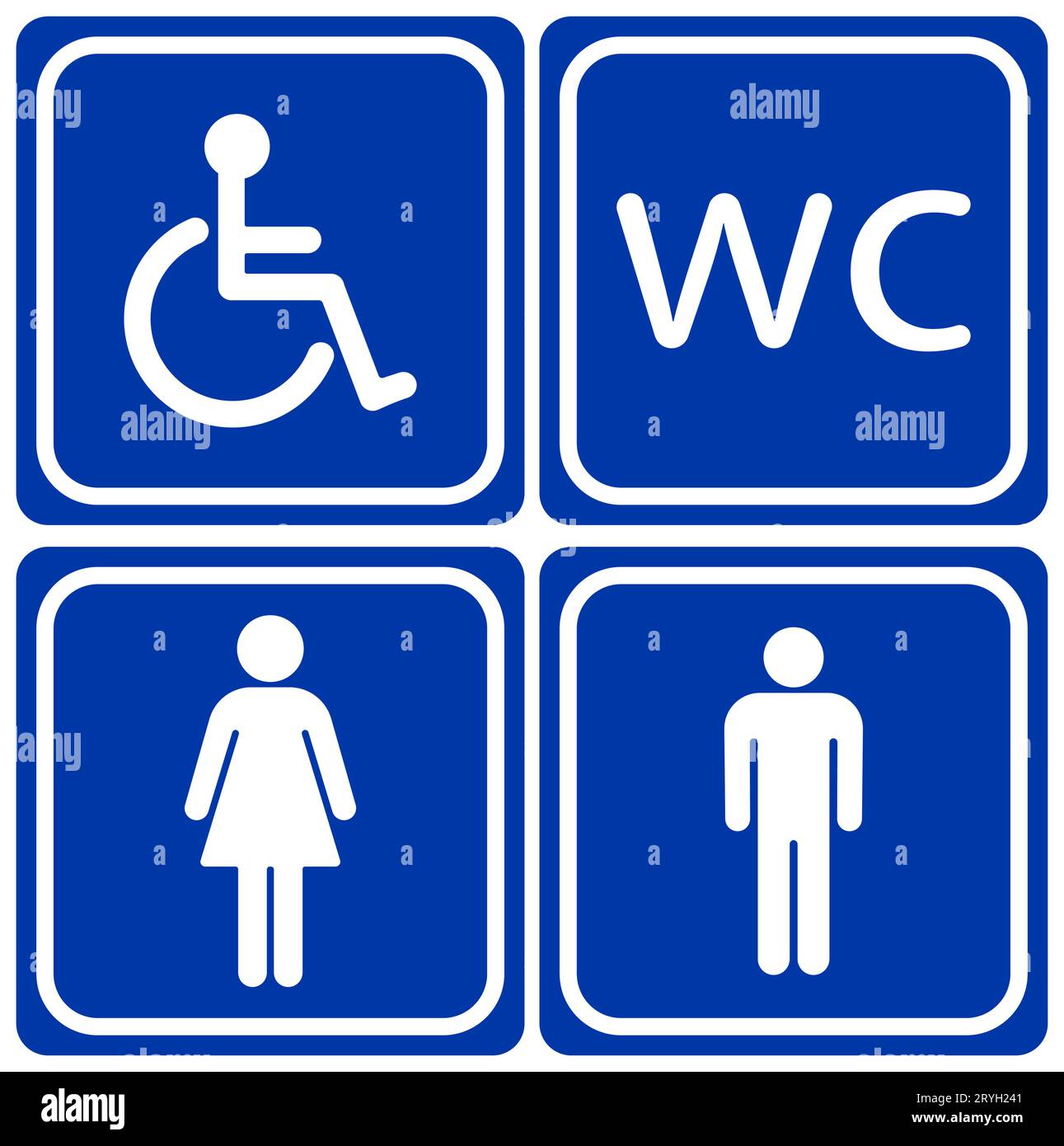 Toilet line icon set on blue backgrounds. WC sign. Man, woman, mother ...