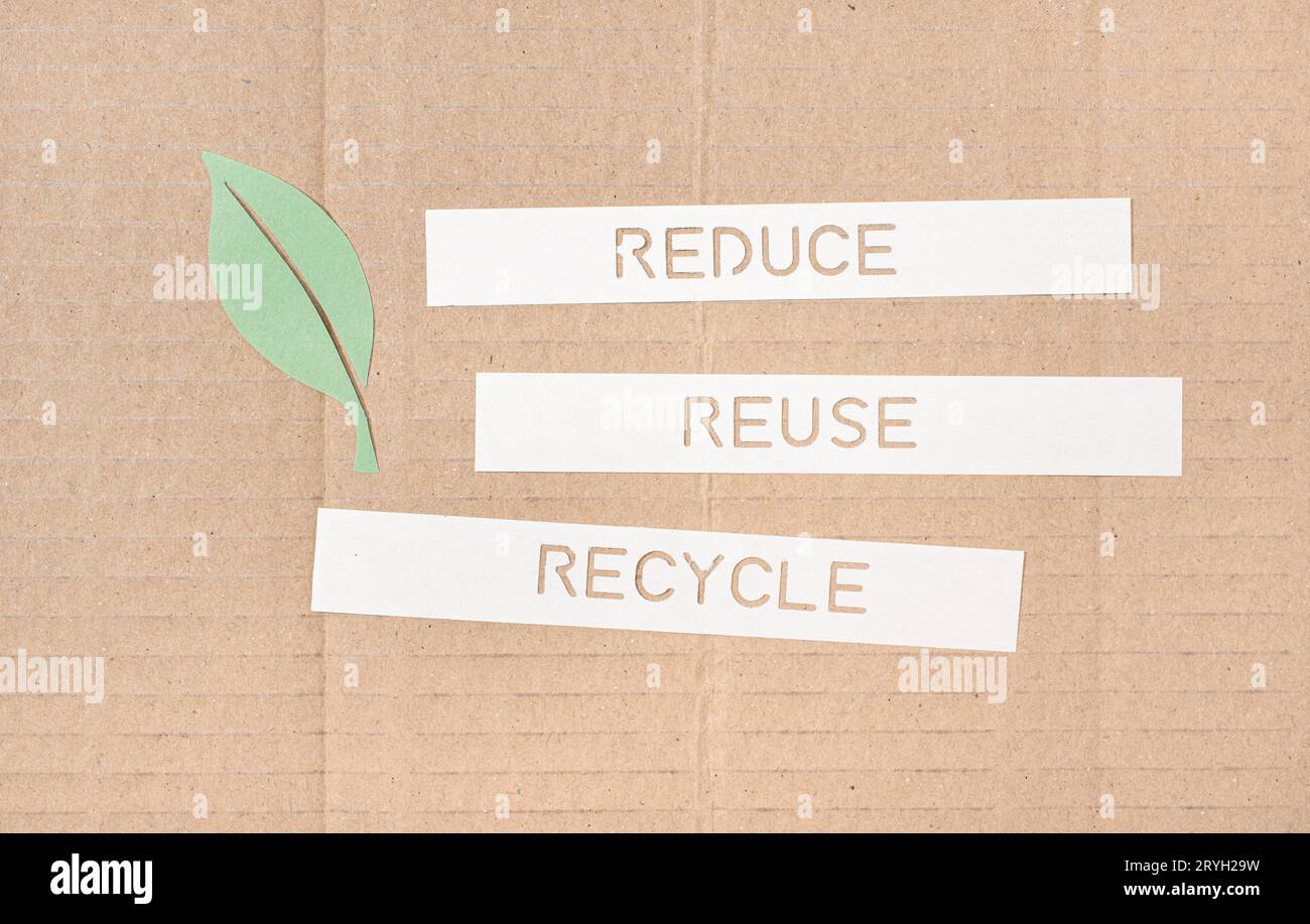 Reduce Reuse Recycle concept. Leaf and Paper strips with cut out text ...