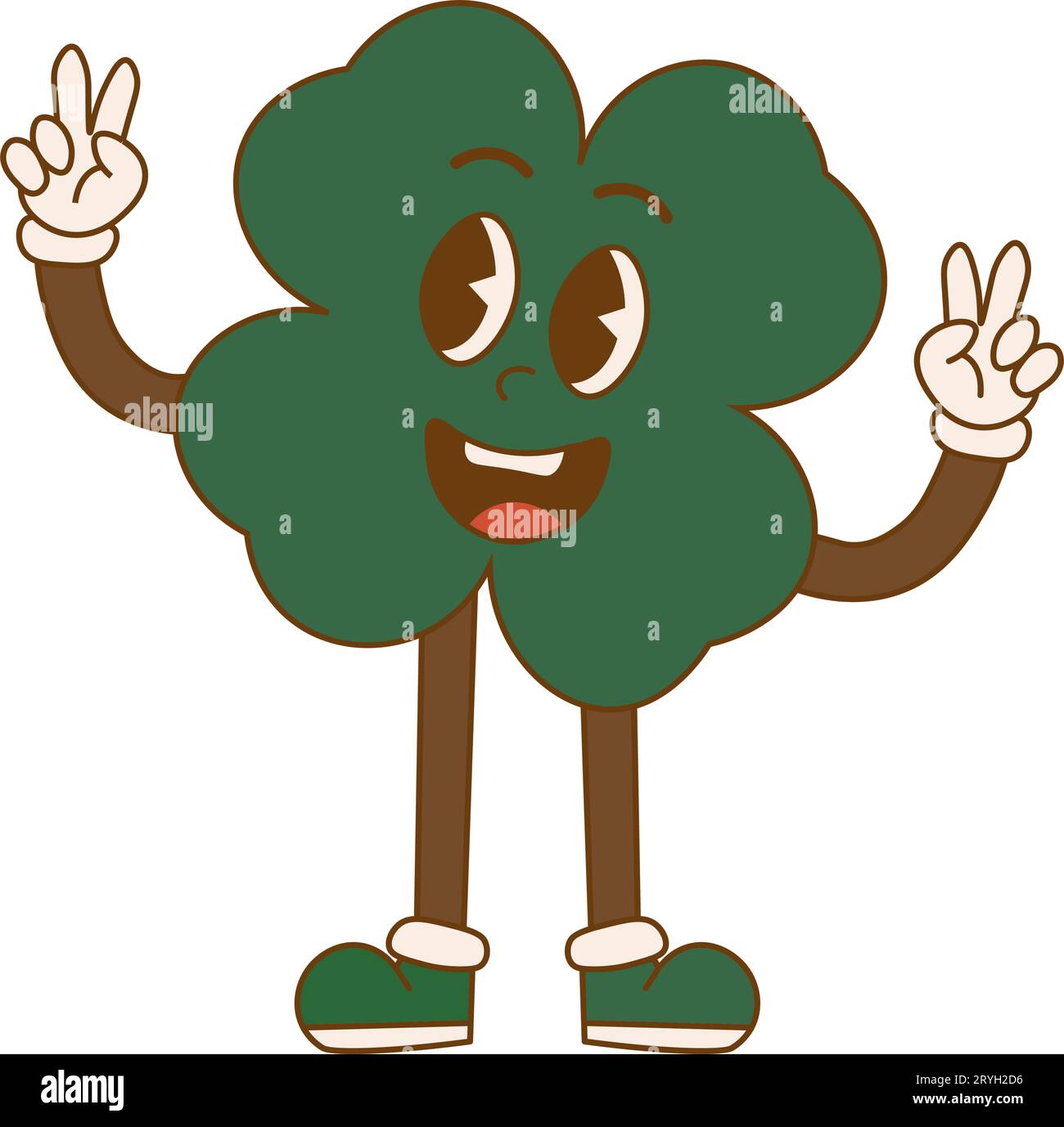 Trendy retro cartoon character clover with four leaf. Happy Saint ...