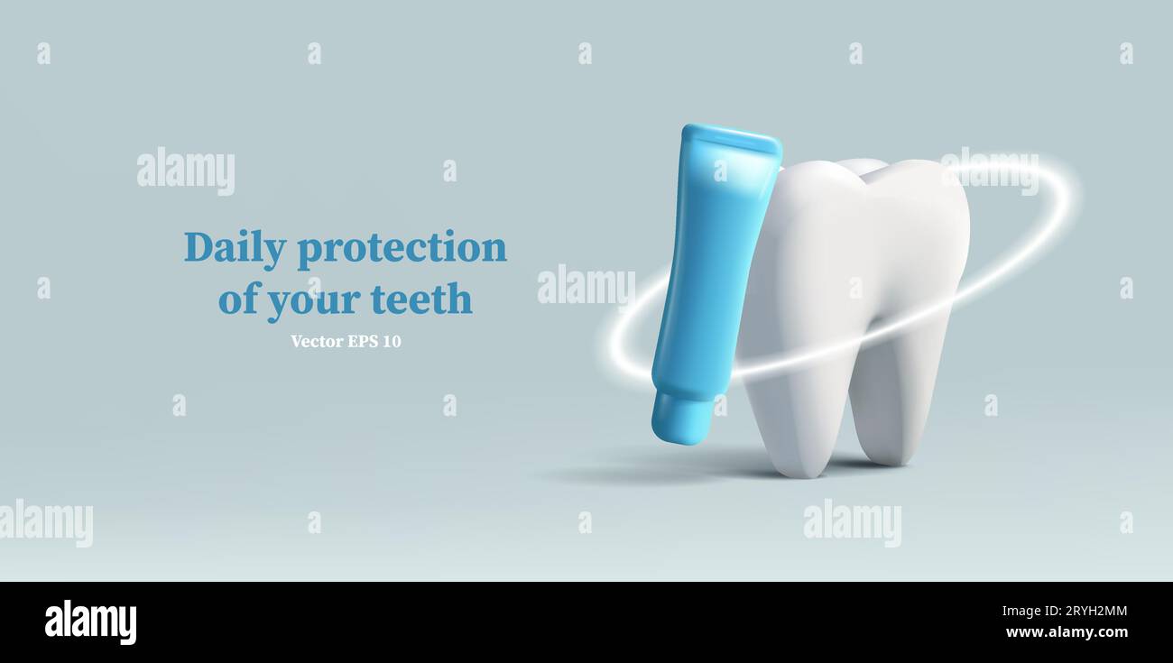 3D illustration of a tooth with tooth paste and protective shiny circle ...