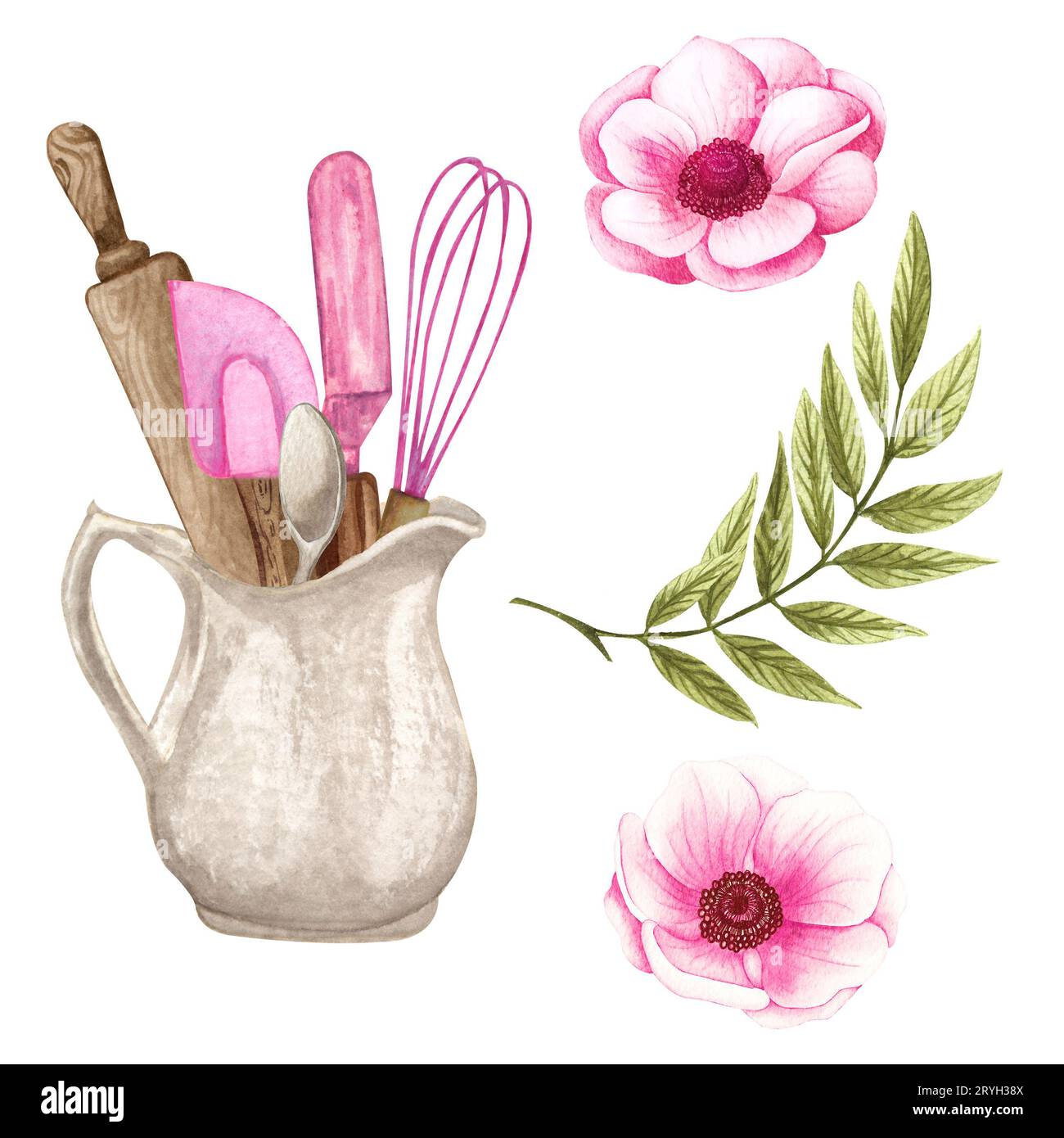 Baking watercolor set with kitchen utensils, mixer, chocolate ...