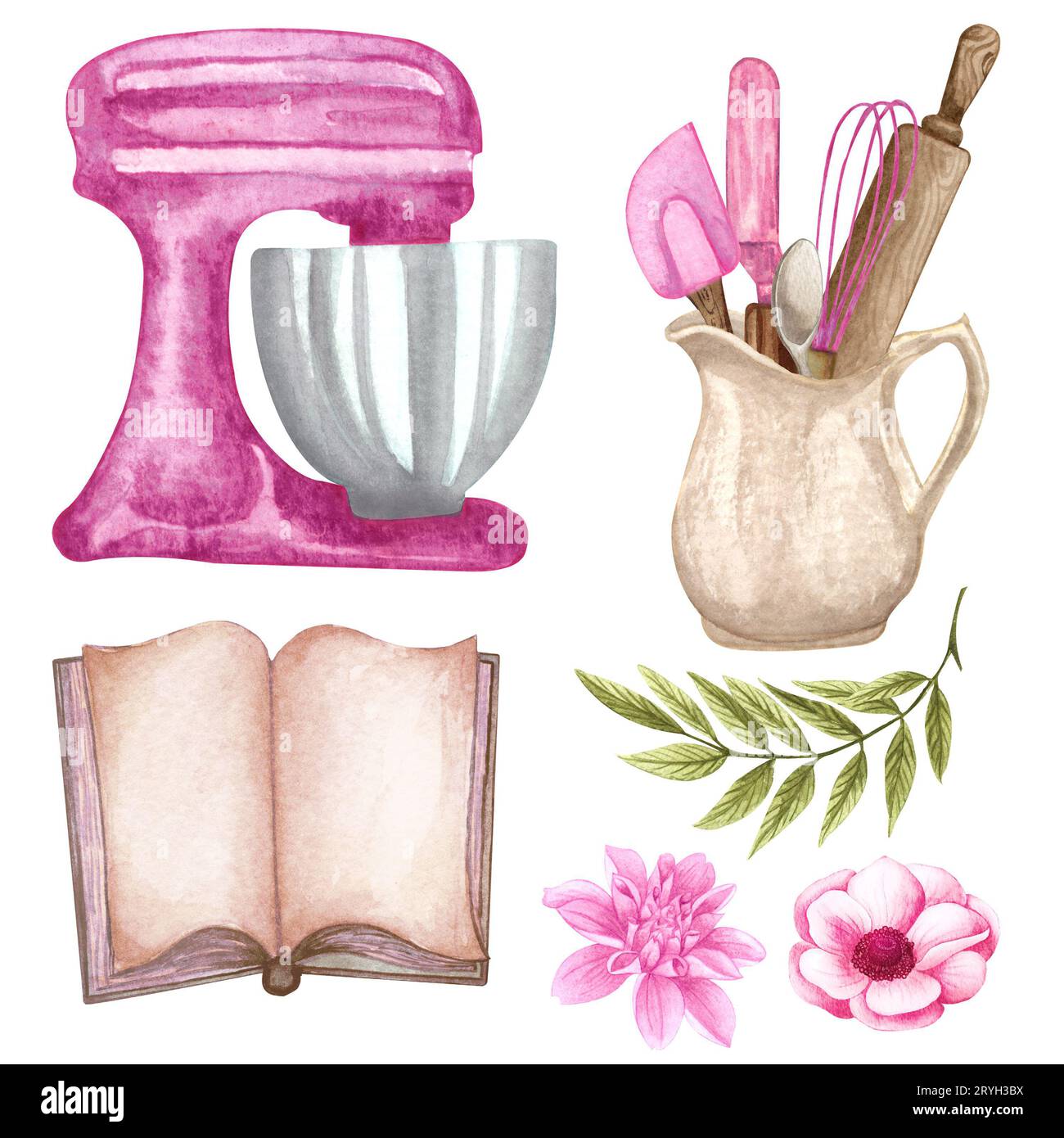Baking watercolor set with kitchen utensils, mixer, chocolate ...