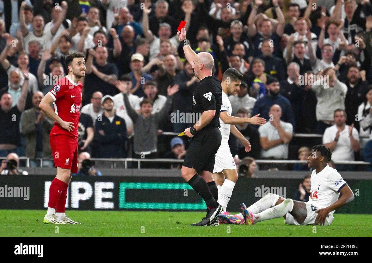 London, UK. 30th Sep, 2023. Diogo Jota of Liverpool is shown a 2nd ...