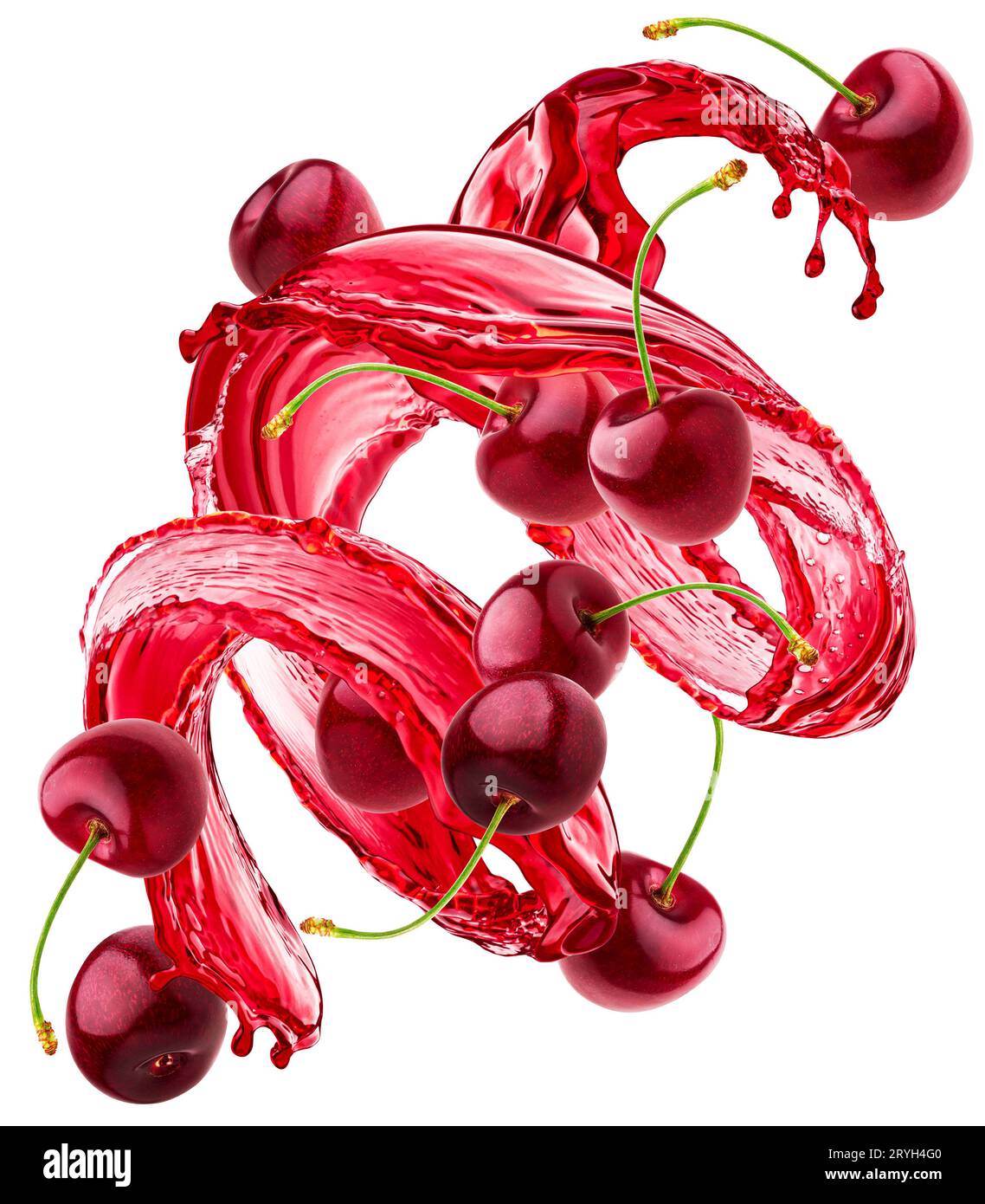 Falling cherries and juice splash isolated on white background Stock ...