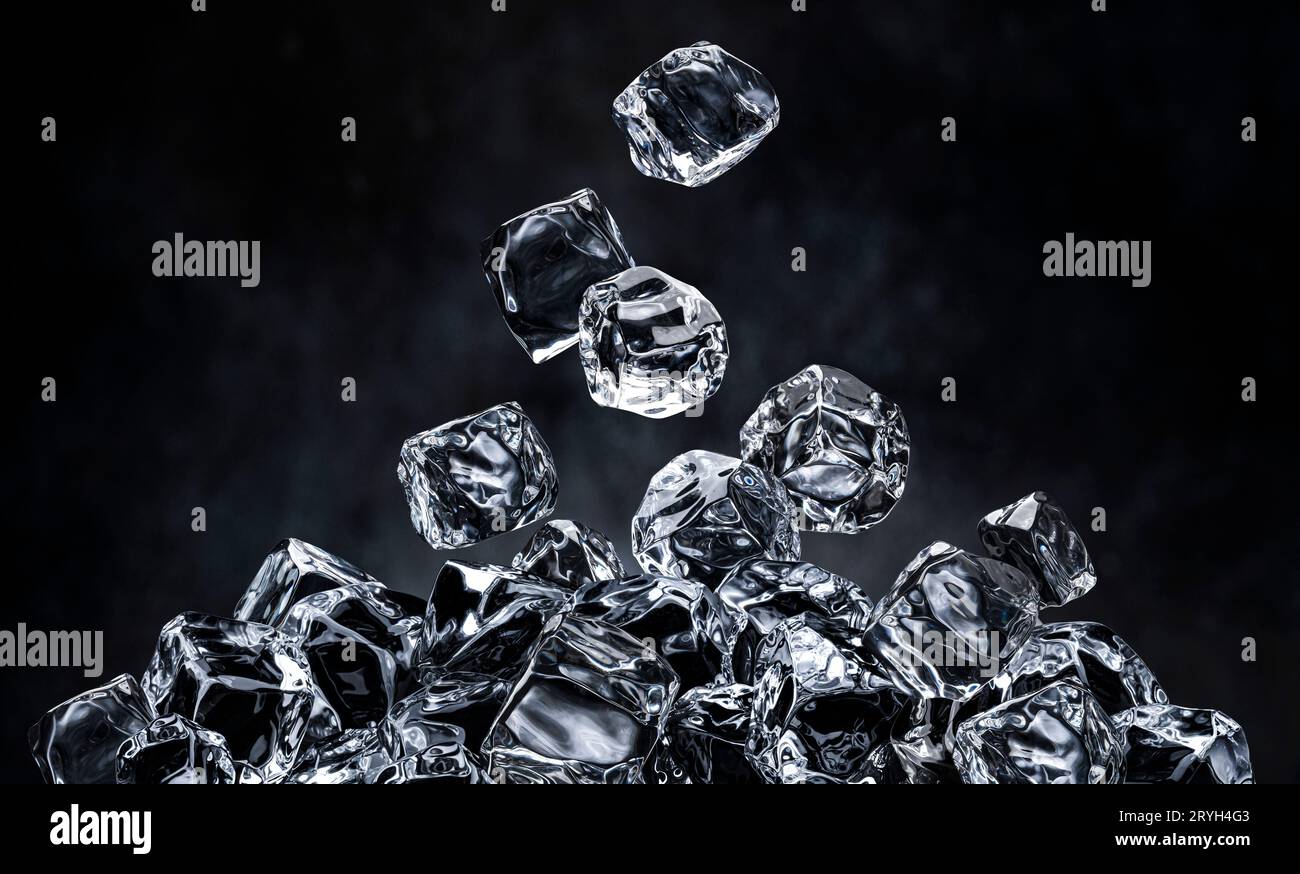 Falling ice cubes on black background Stock Photo - Alamy