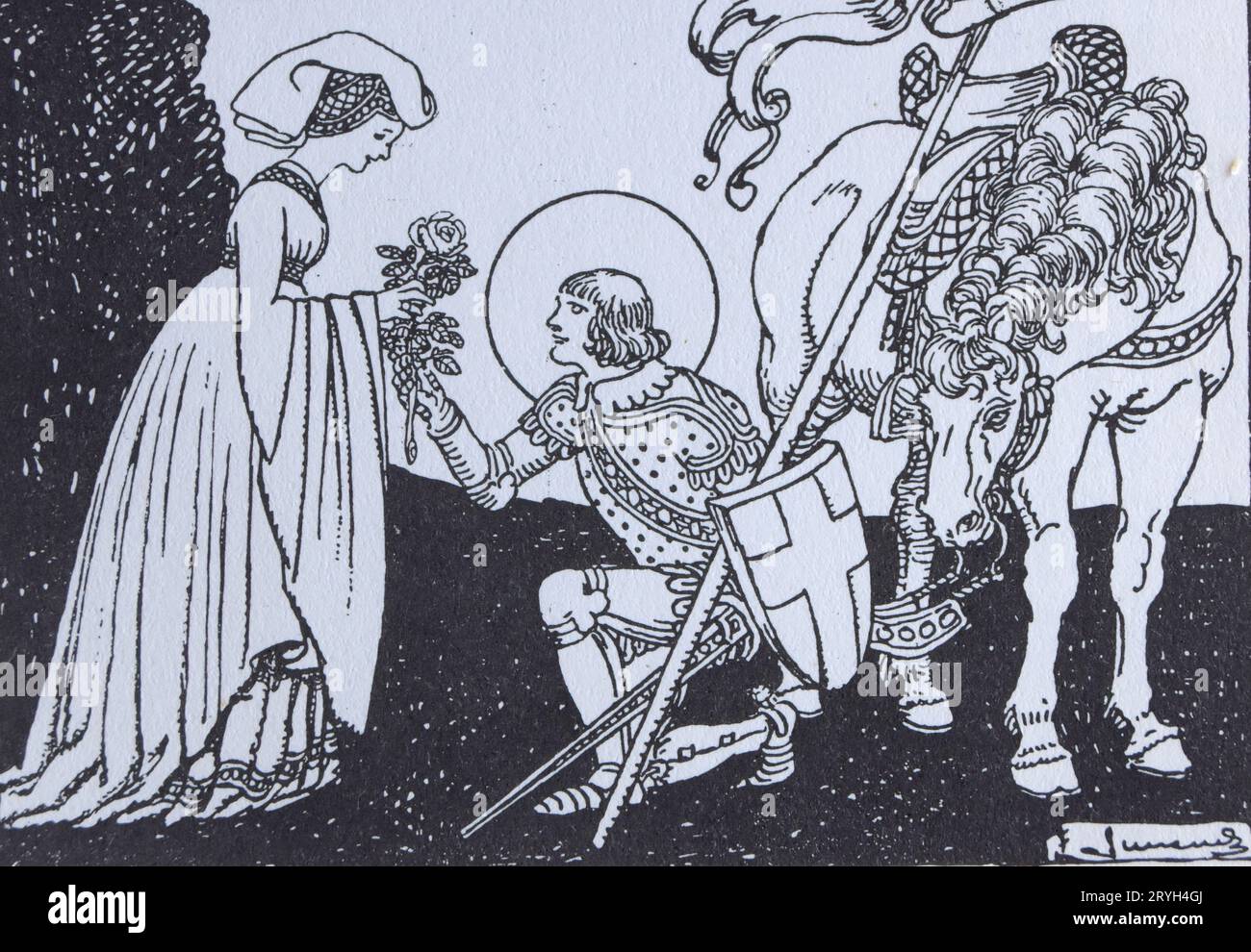 Saint George giving a rose to the Princess. Drawing by Catalan artist ...