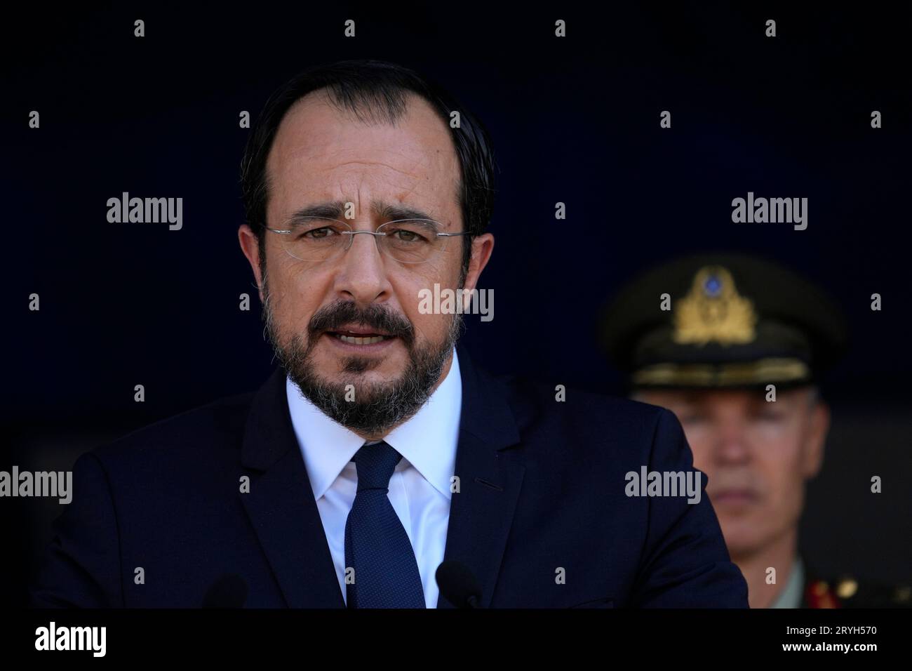 Cyprus' president Nikos Christodoulides talks to the media after a ...