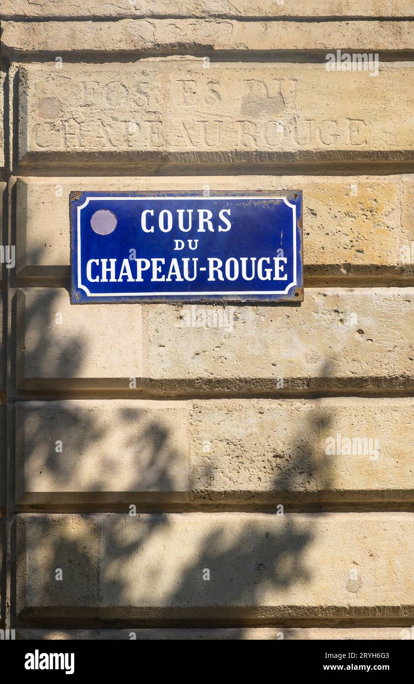 Cours du Chapeau Rouge old enamel street sign in centre of Bordeaux ...