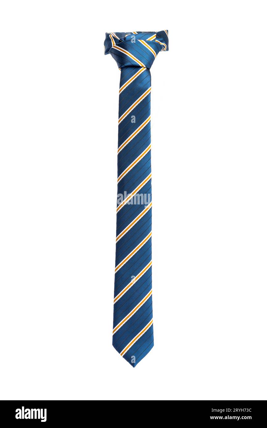 Stylish knotted blue striped tie on white background Stock Photo - Alamy