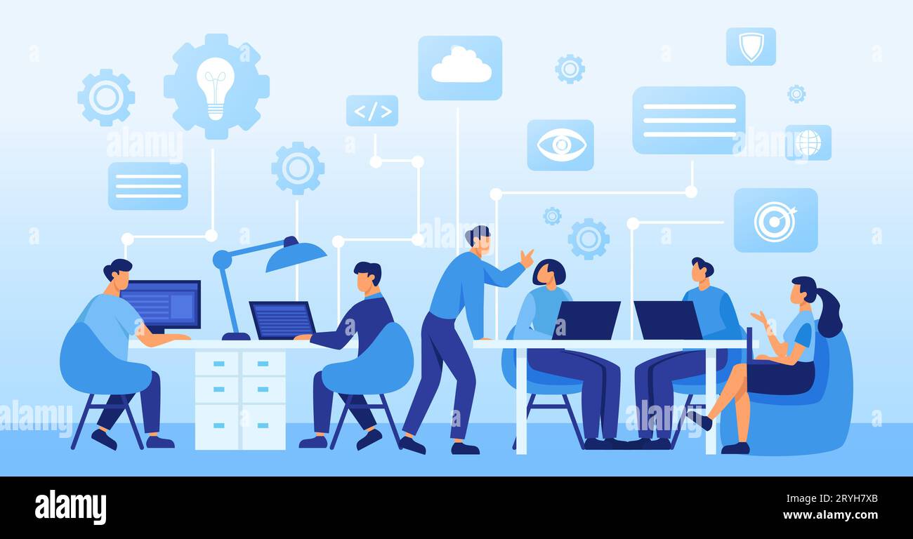 Vector of a young team of people working on a new project in an open ...