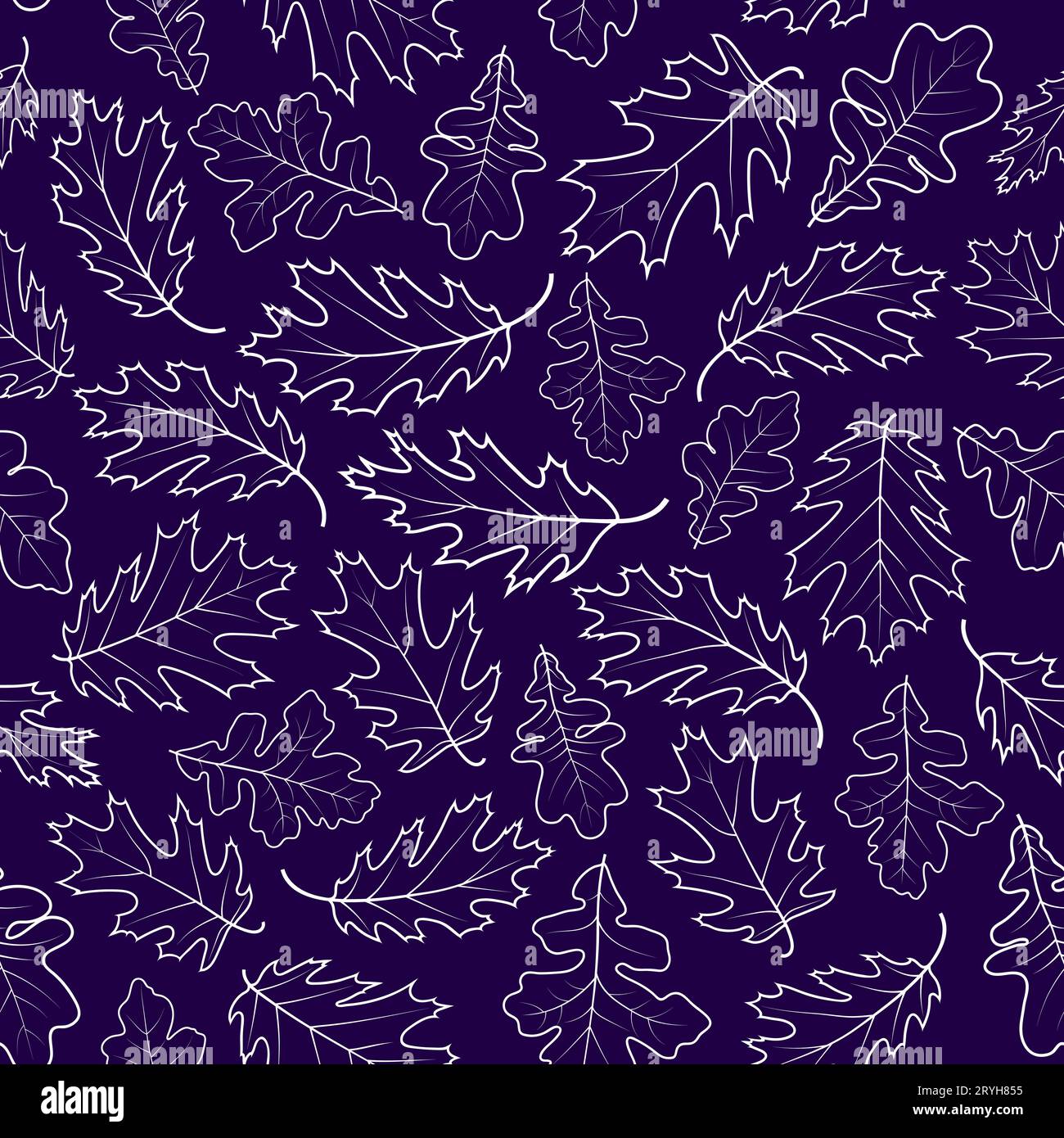 Floral seamless pattern with oak leaf white outlines on blue background ...