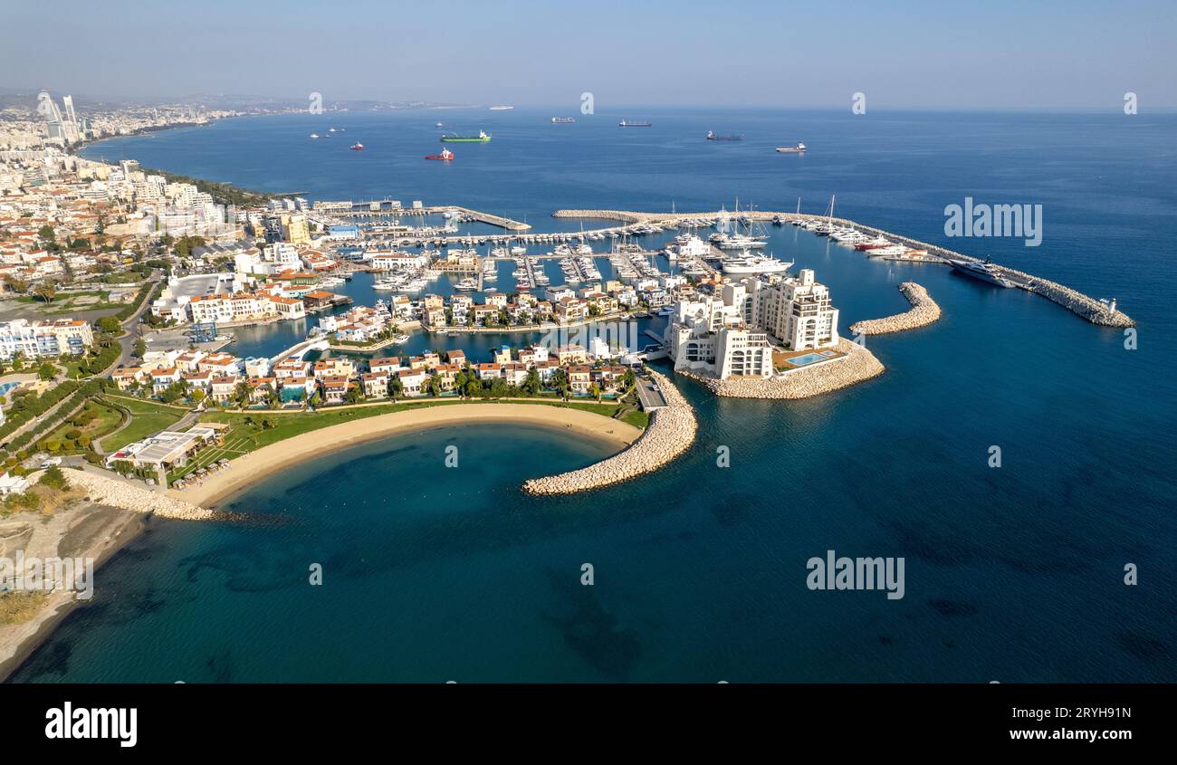 Aerial drone scenery yacht marina. Drone view from above. Limassol ...