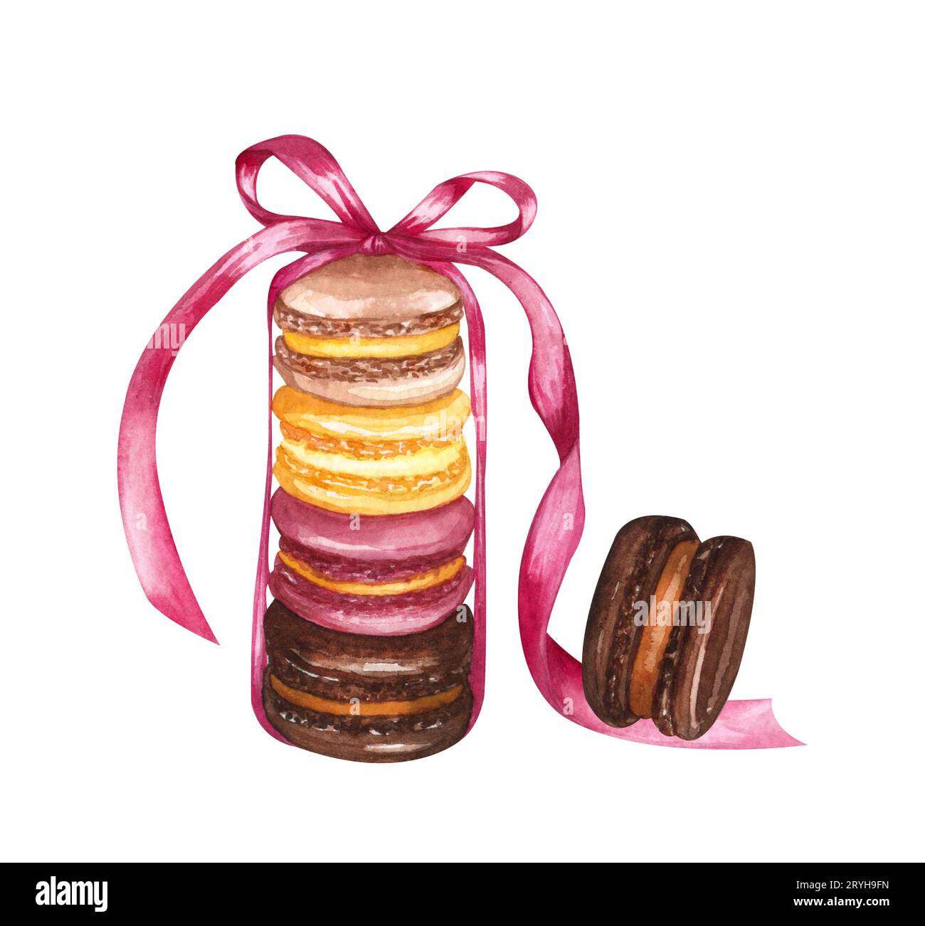 Watercolor illustration of hand painted colorful macarons with ribbon ...
