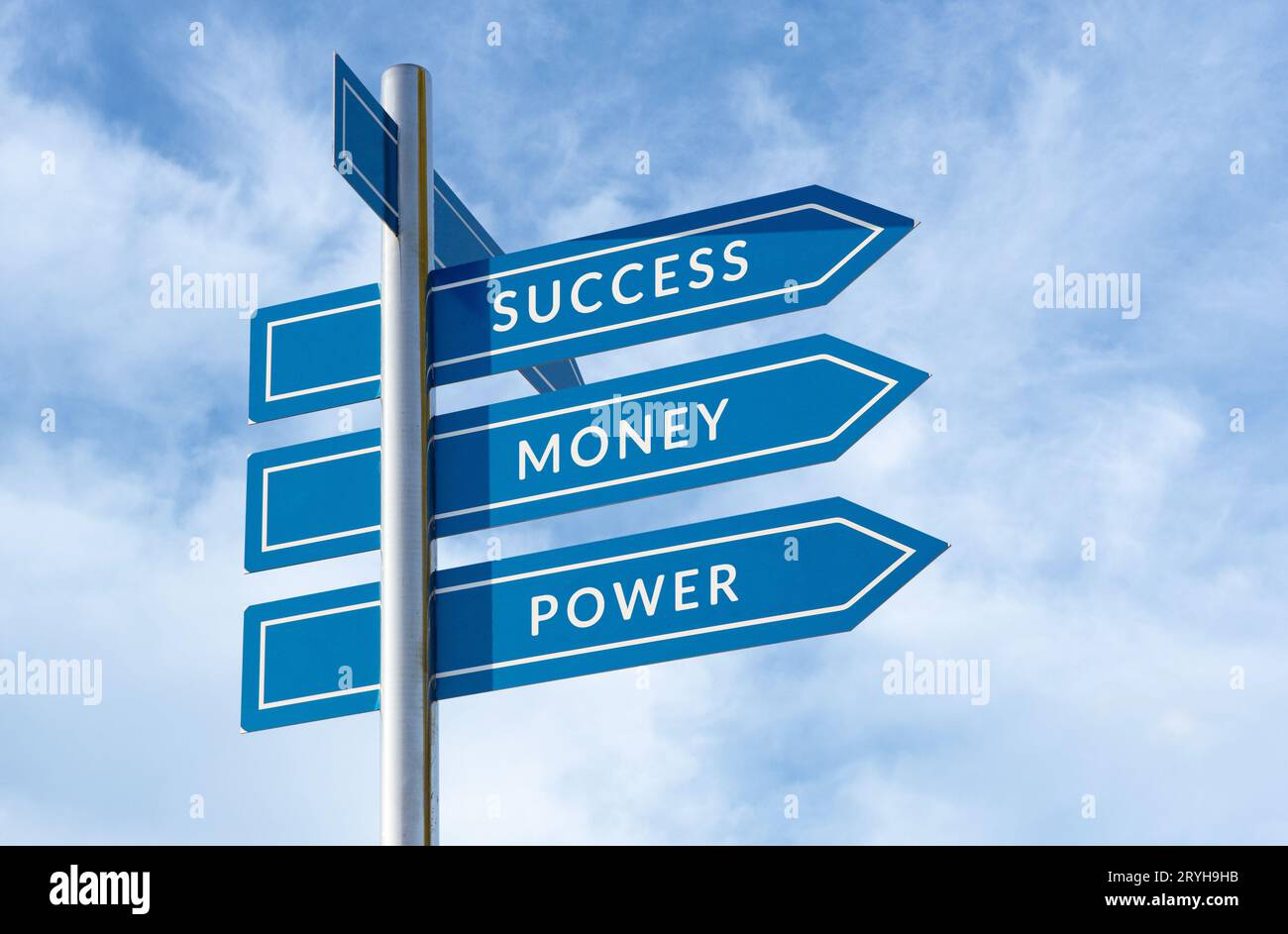 Success Money Power message on signpost isolated on blue sky background ...