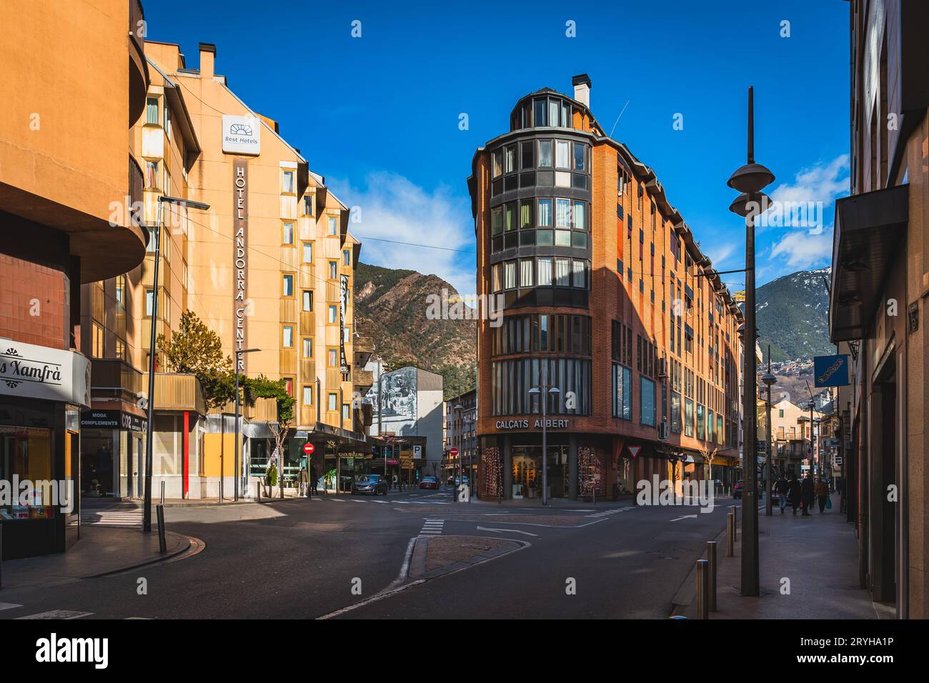 Narrow streets with modern shops and restaurants in capital city, Andorra Stock Photo - Alamy