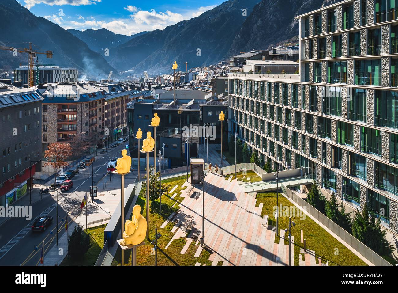 Cityscape of Andorra la Vella capita city of Andorra wit men sitting on poles Stock Photo - Alamy