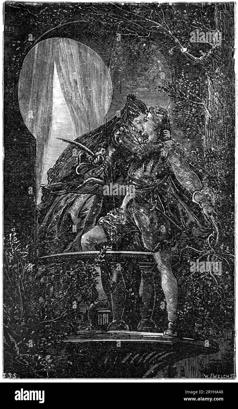 Engraving of two lovers departing with a passionate kiss, circa 1500s ...