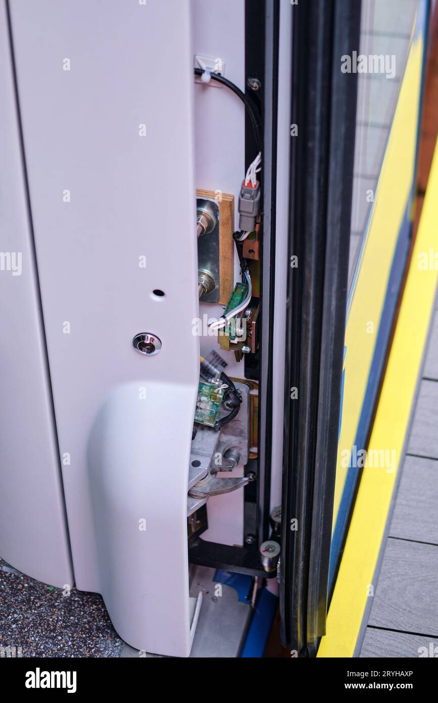 The mechanism of closing and opening doors in a subway train car/ Close ...